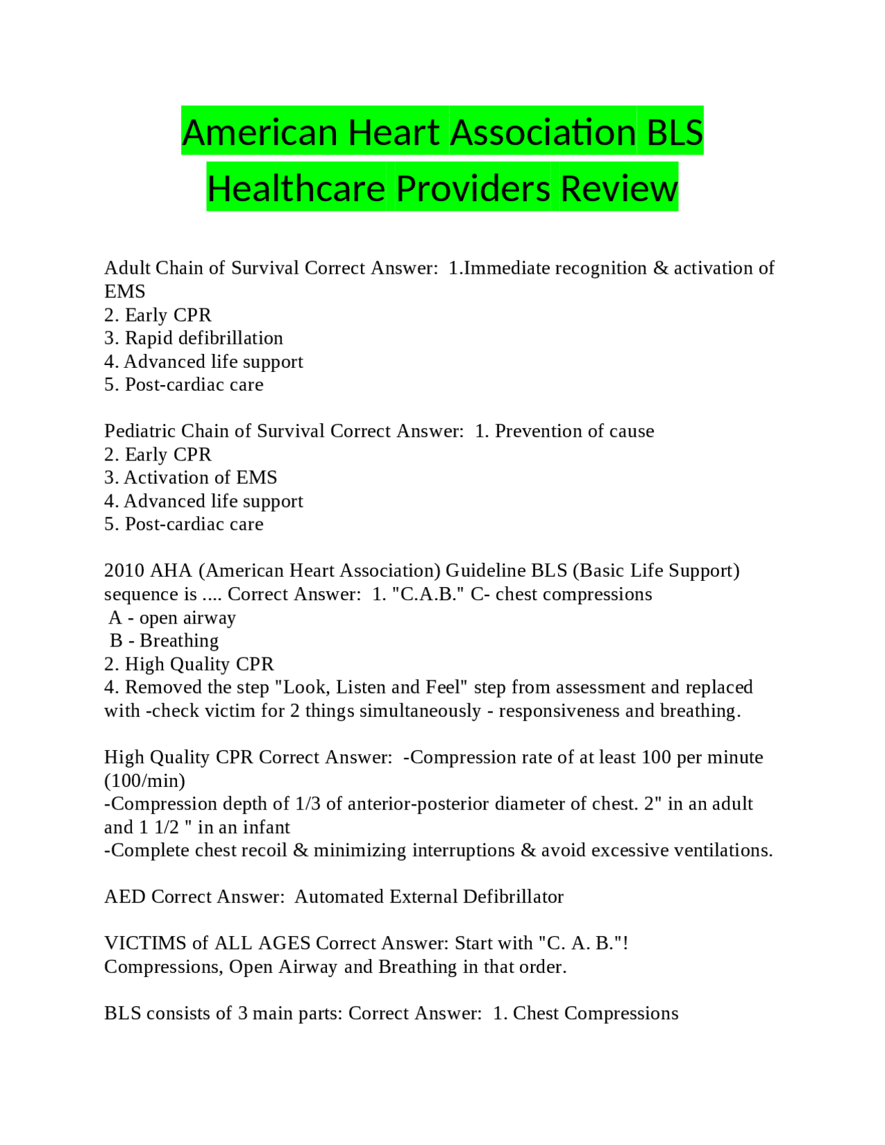 American Heart Association BLS Healthcare Providers Review | Exams ...