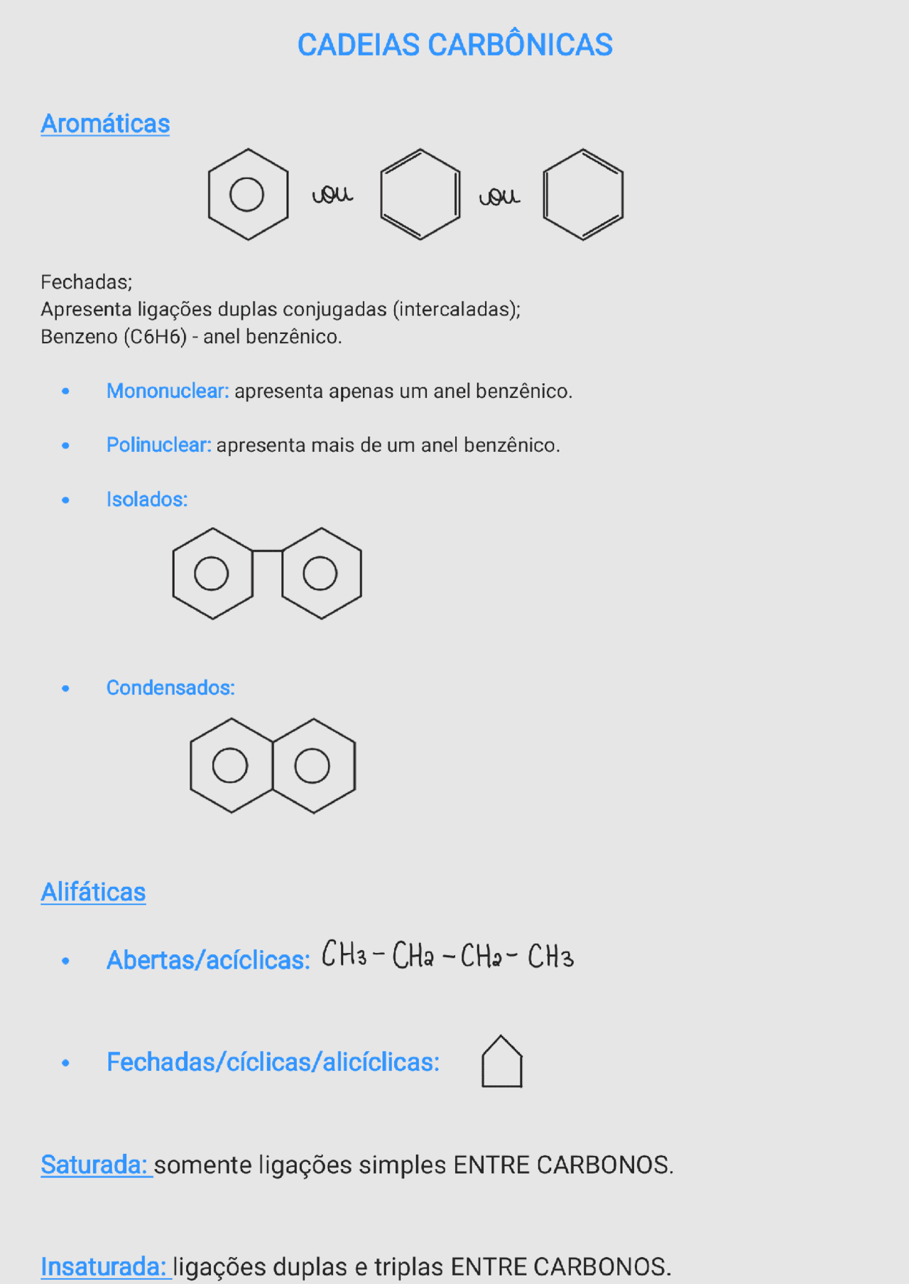 Resumo sobre Cadeias Carbônicas | Notas de aula Química para Ensino Médio | Docsity