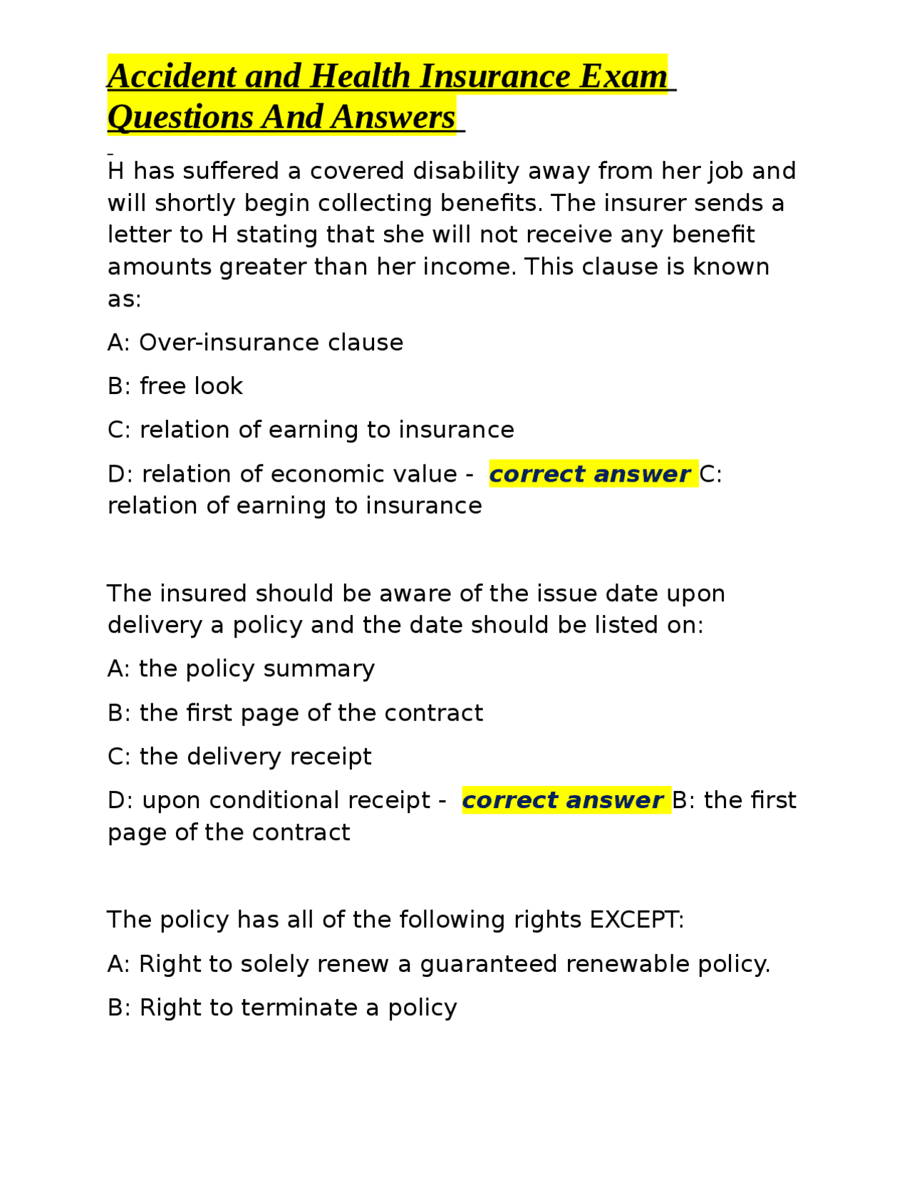 Accident and Health Insurance Exam Questions And Answers | Exams ...