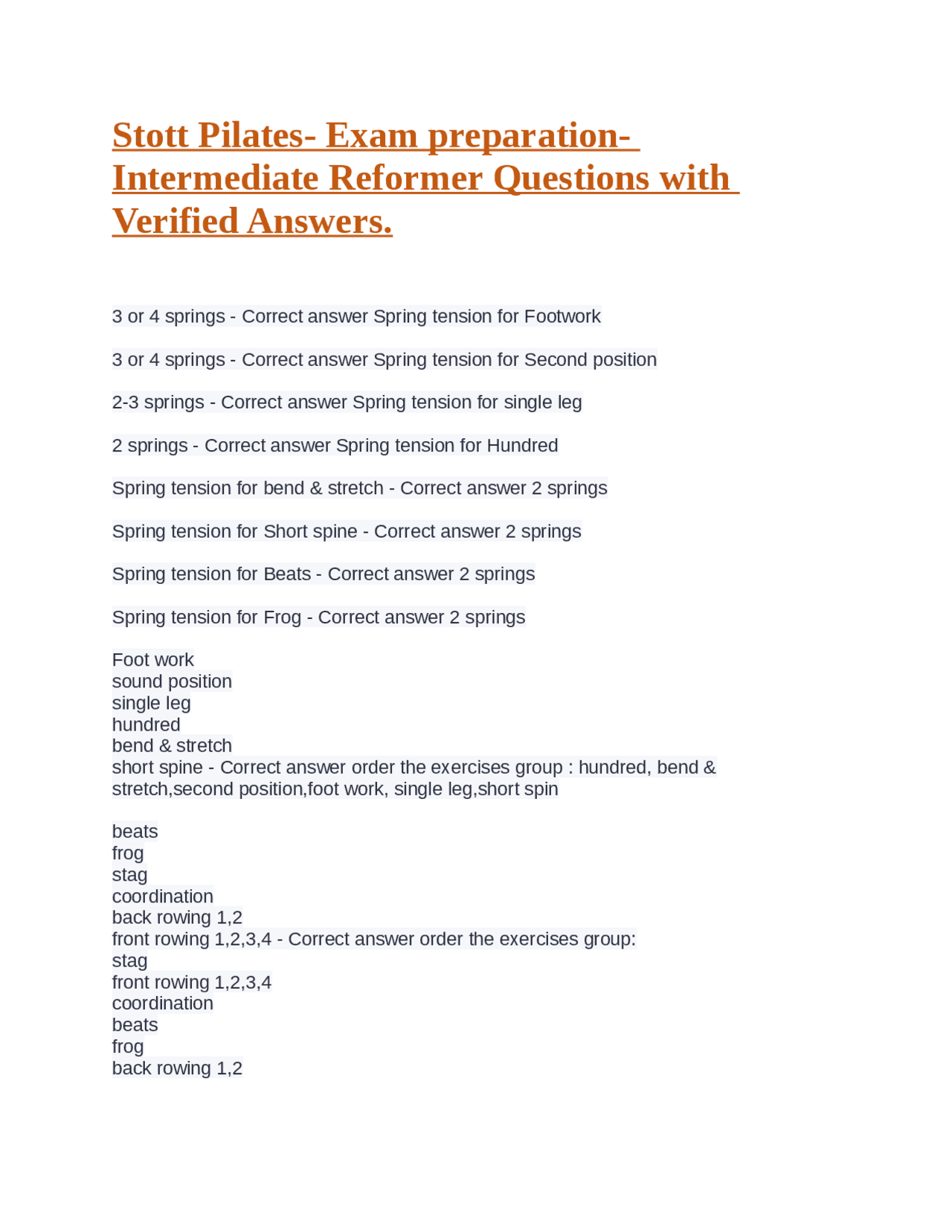 Stott Pilates- Exam preparation- Intermediate Reformer Questions with ...