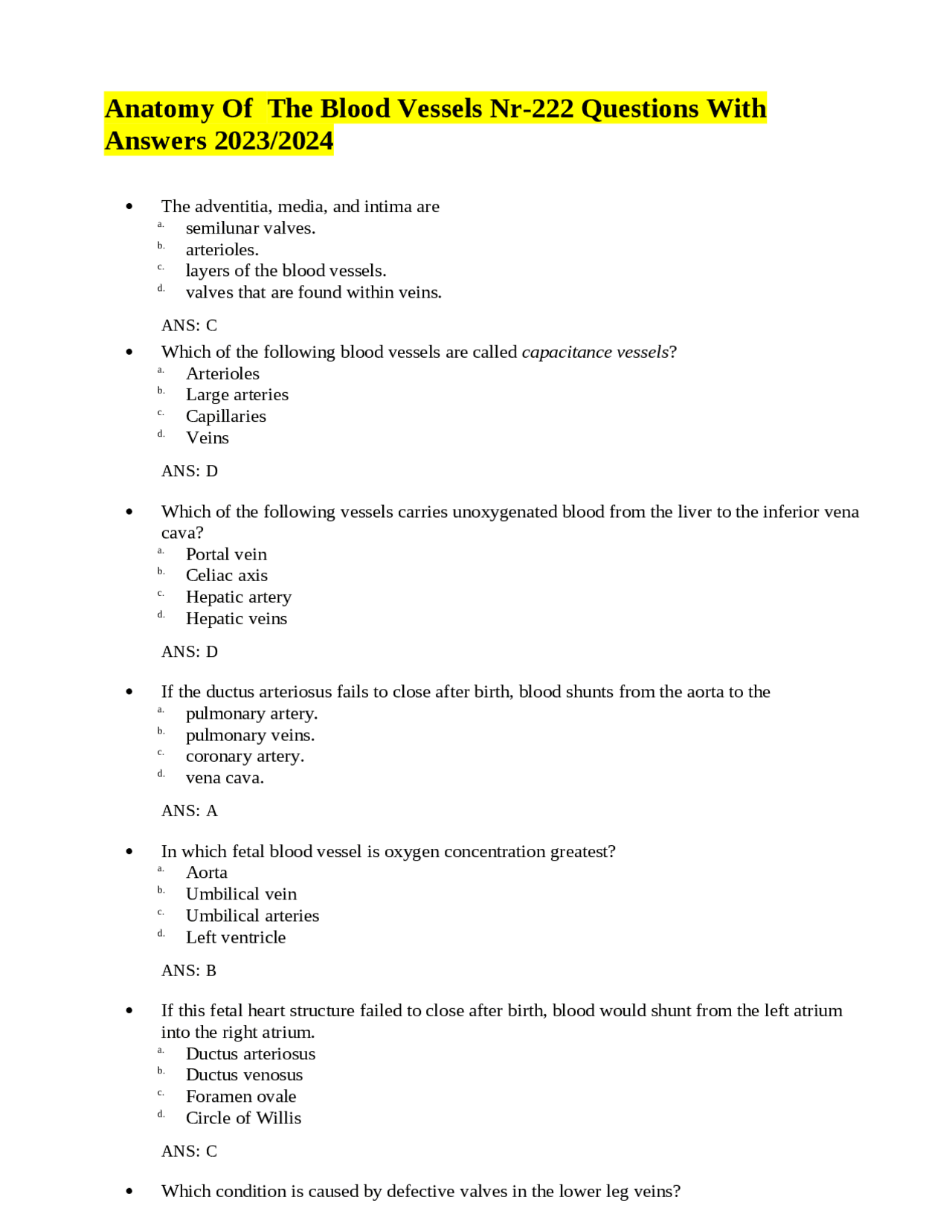 Anatomy of the Blood Vessels: NR-222 Questions with Answers | Exams ...