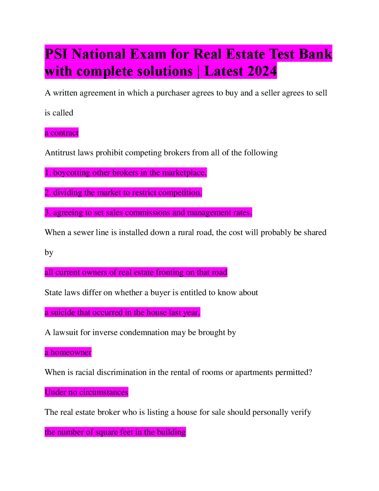 PSI National Exam for Real Estate Test Bank with complete solutions ...