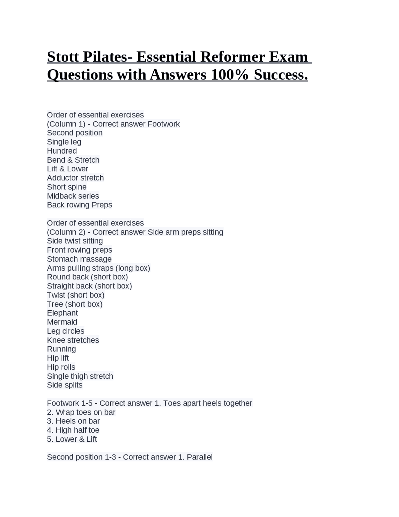 Stott Pilates- Essential Reformer Exam Questions with Answers 100% ...