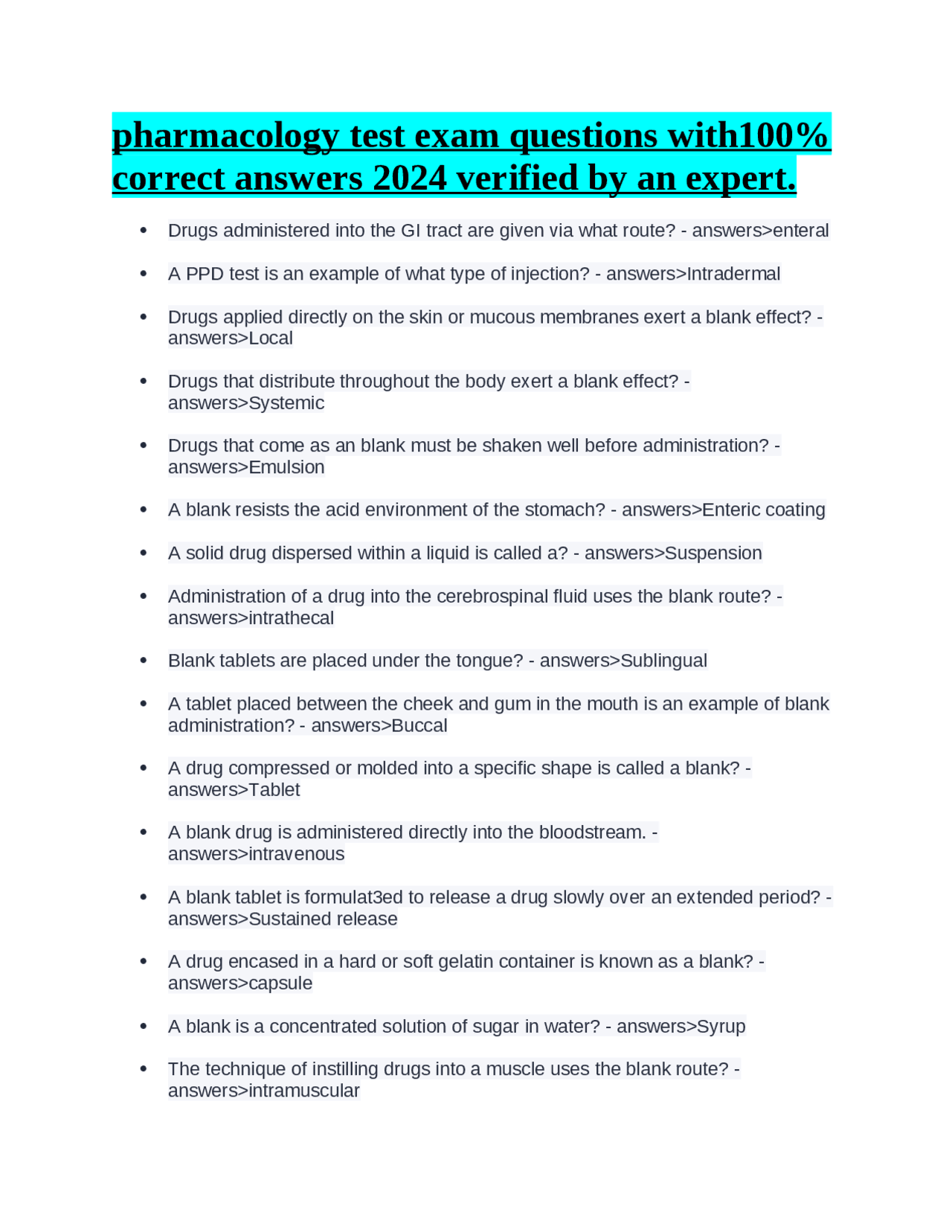 pharmacology test exam questions with100% correct answers 2024 verified ...
