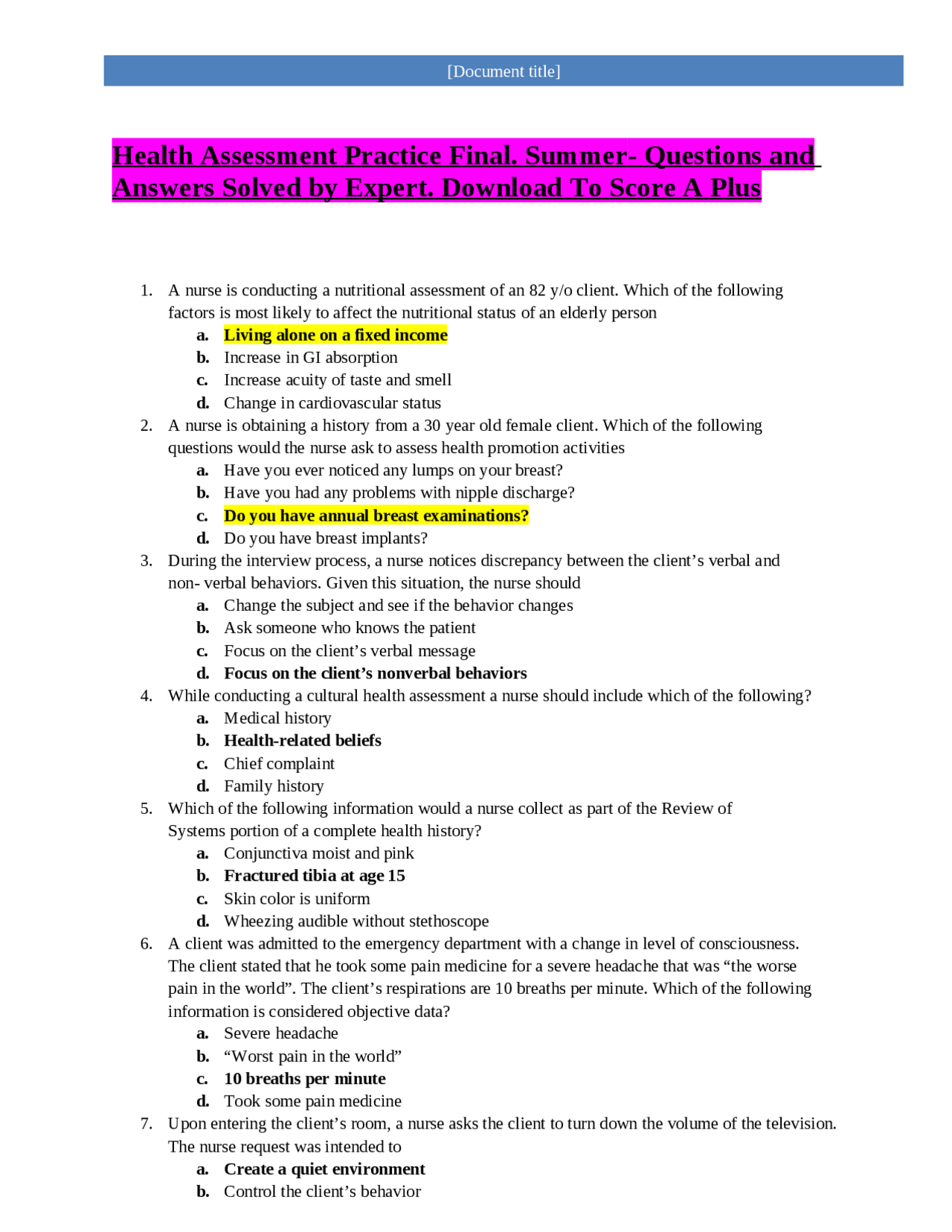 Health Assessment Practice Final. Summer- Questions and Answers Solved ...