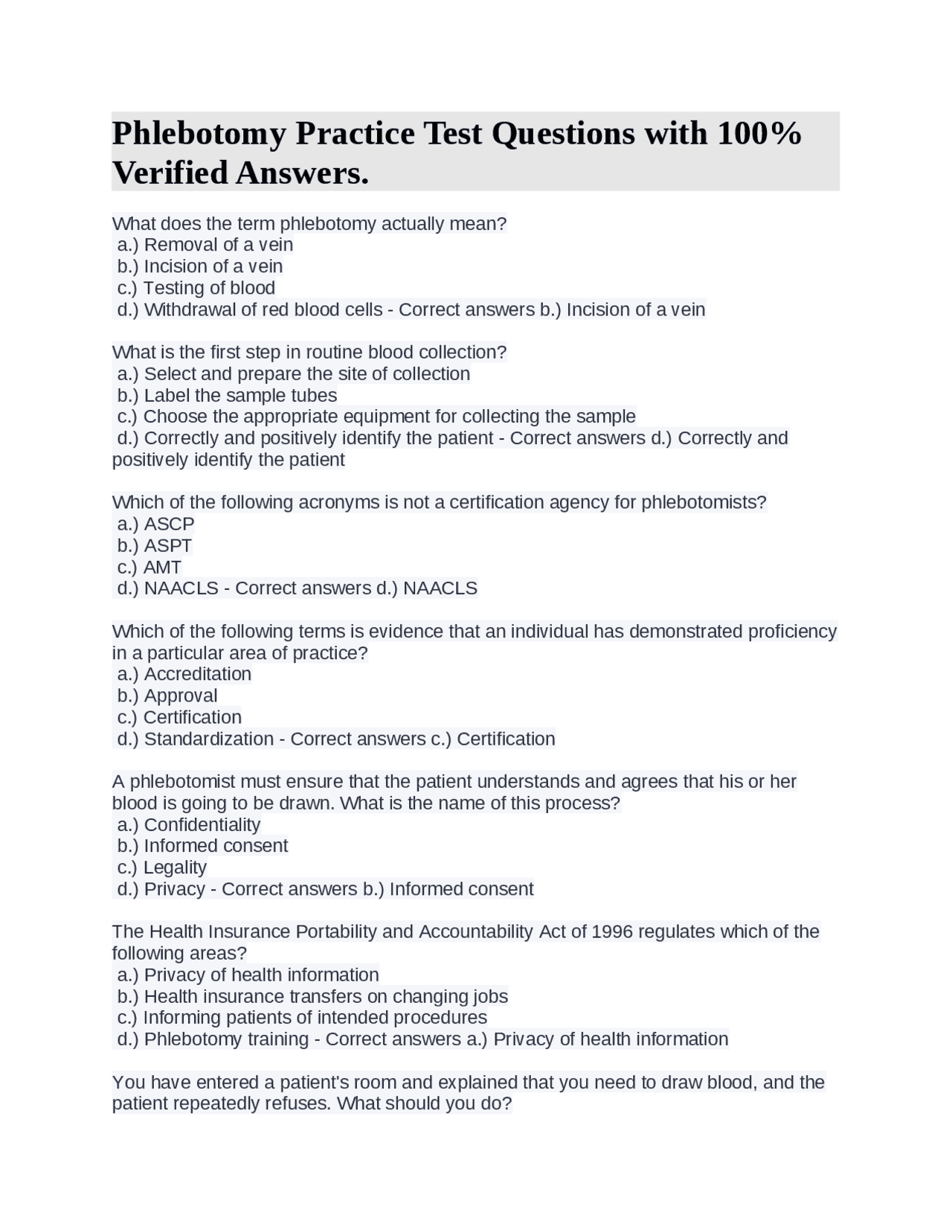 Phlebotomy Practice Test Questions with 100% Verified Answers. | Exams ...