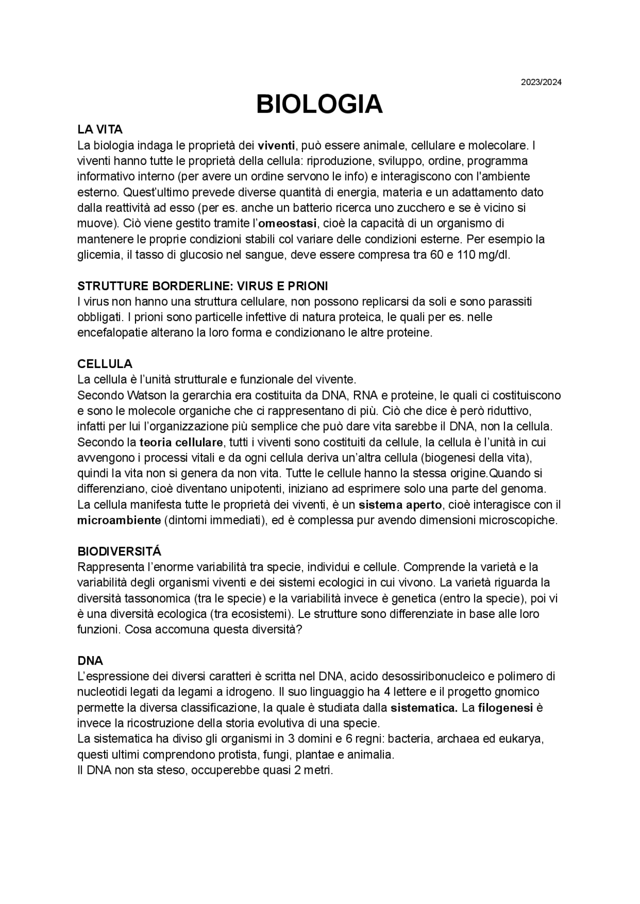 Biologia: la vita e la cellula | Sbobinature di Biologia | Docsity