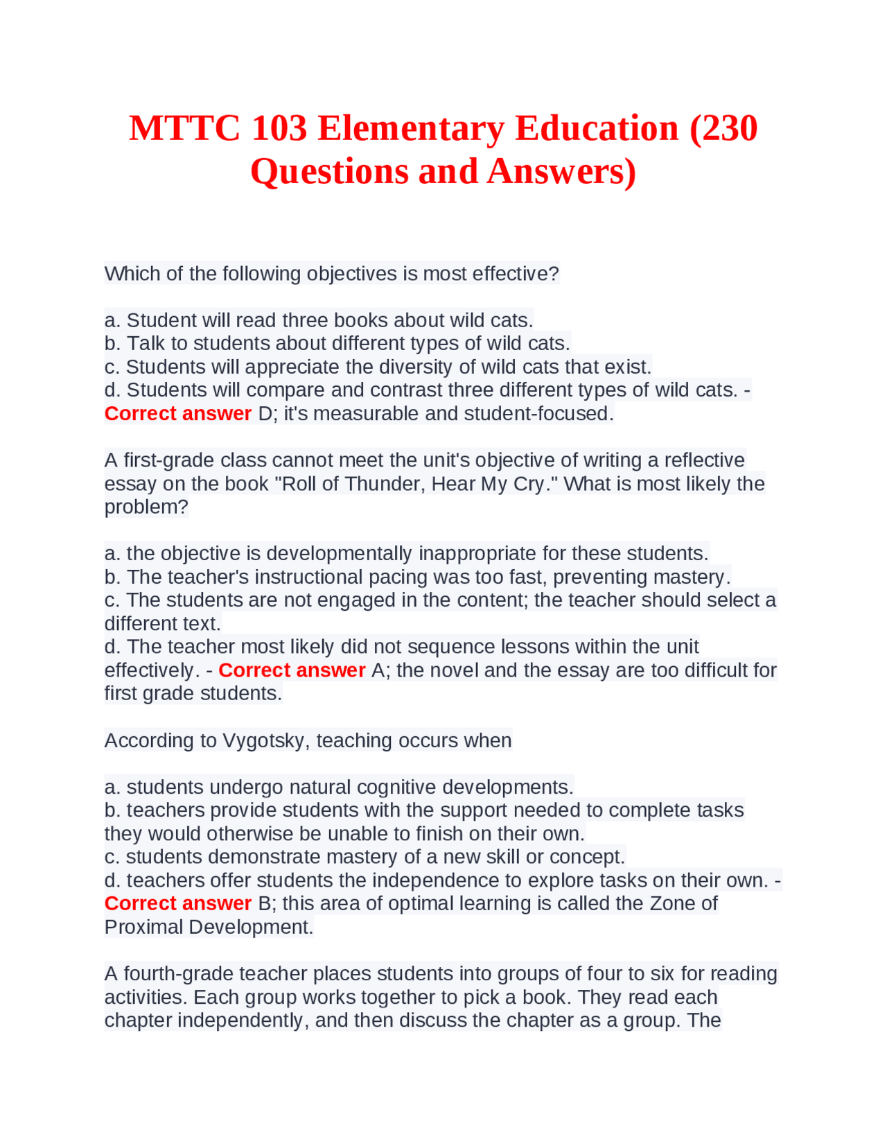 MTTC 103 Elementary Education: Questions and Answers | Exams Elementary ...