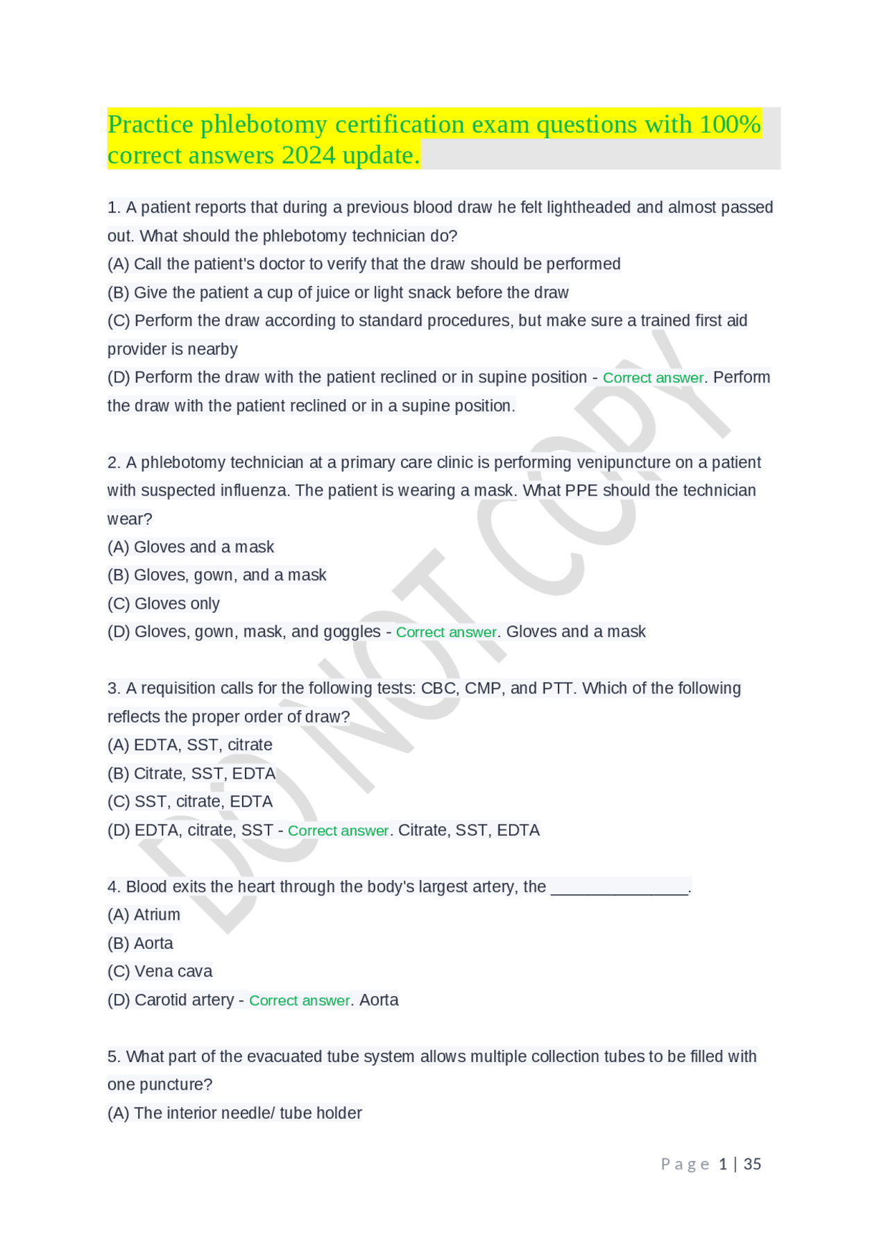 Practice phlebotomy certification exam questions with 100% correct ...