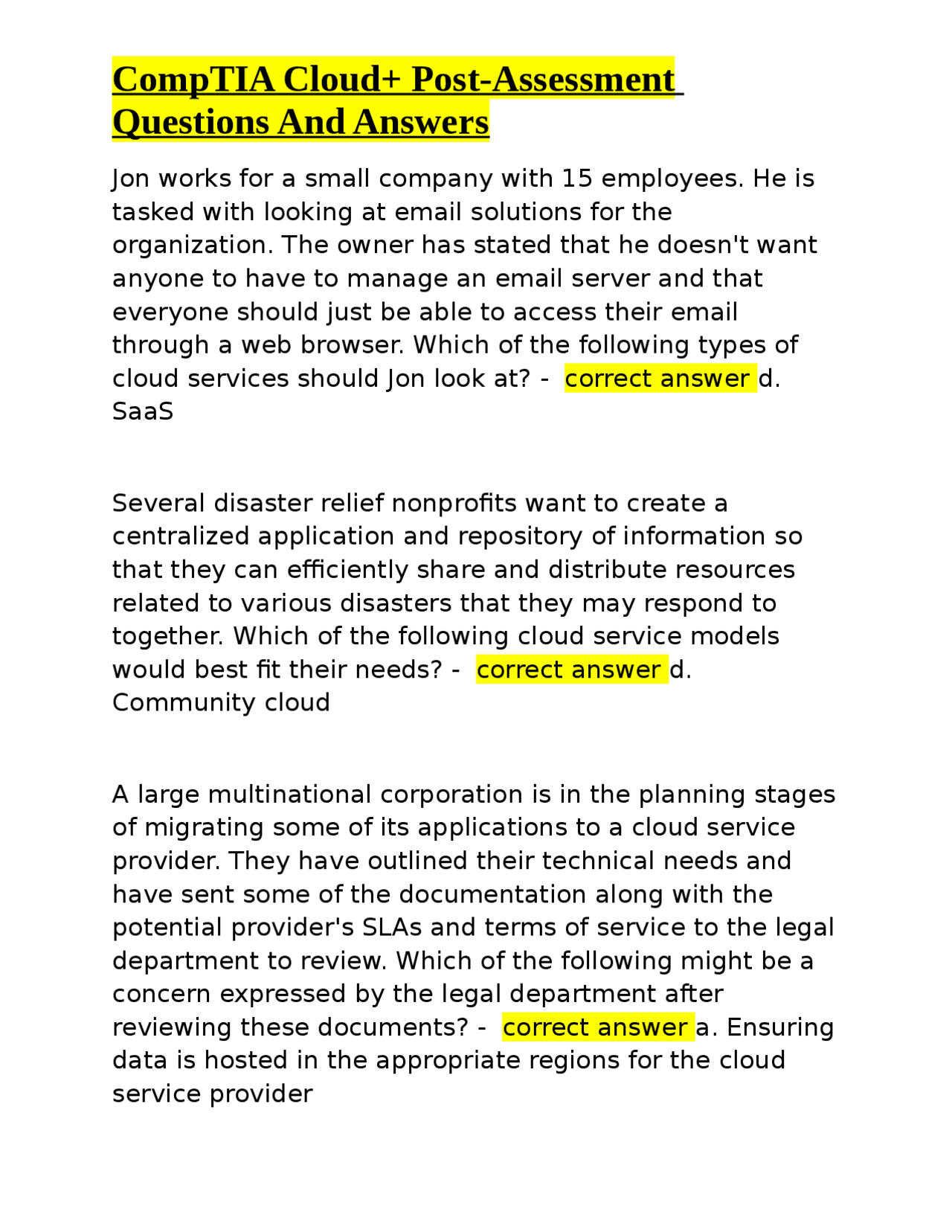 CompTIA Cloud+ Post-Assessment Questions And Answers | Exams Computer ...