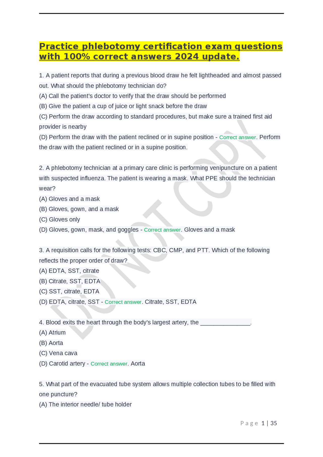 Practice phlebotomy certification exam questions with 100% correct answers 2024 update. | Exams ...