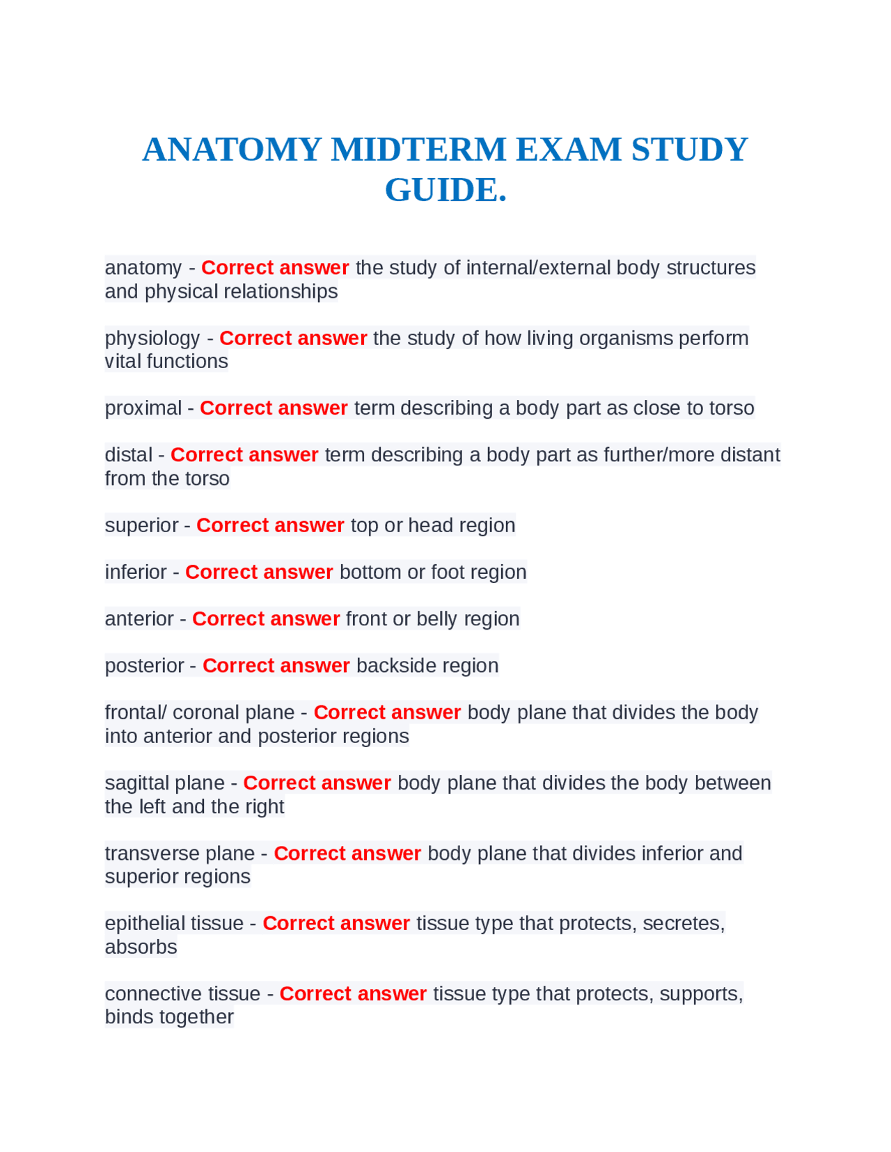 Anatomy Midterm Exam Study Guide | Exams Anatomy | Docsity