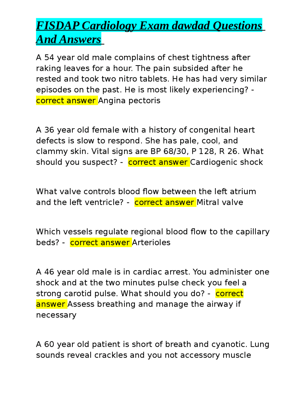 FISDAP Cardiology Exam dawdad Questions And Answers | Exams Cardiology ...