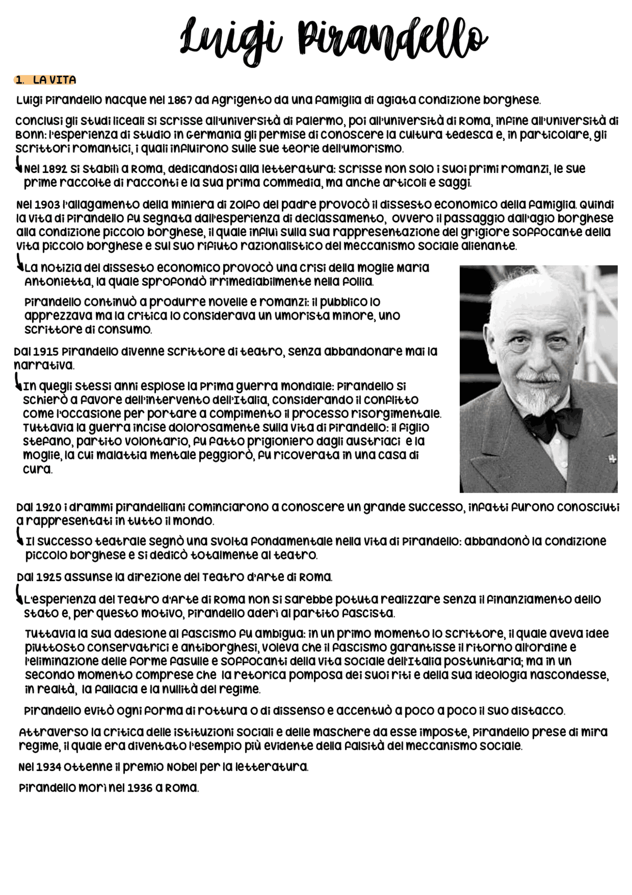 LUIGI PIRANDELLO - TEMI E OPERE PRINCIPALI | Schemi e mappe concettuali di Italiano | Docsity
