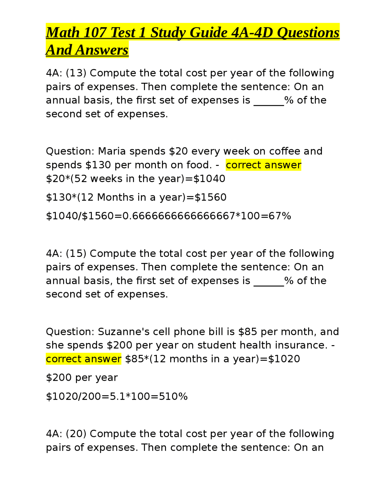 Math 107 Test 1 Study Guide 4A-4D Questions And Answers | Exams ...