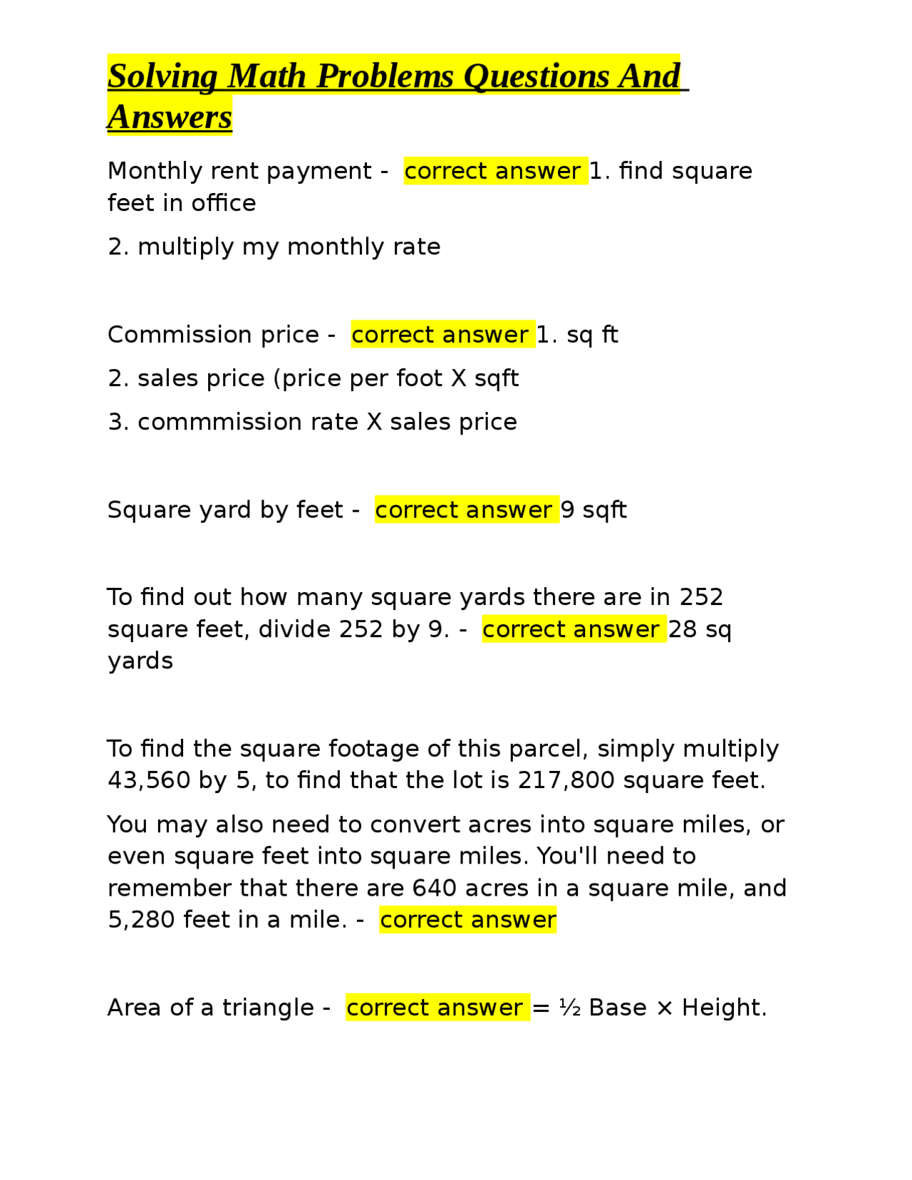 Solving Math Problems Questions And Answers | Exams Mathematics | Docsity