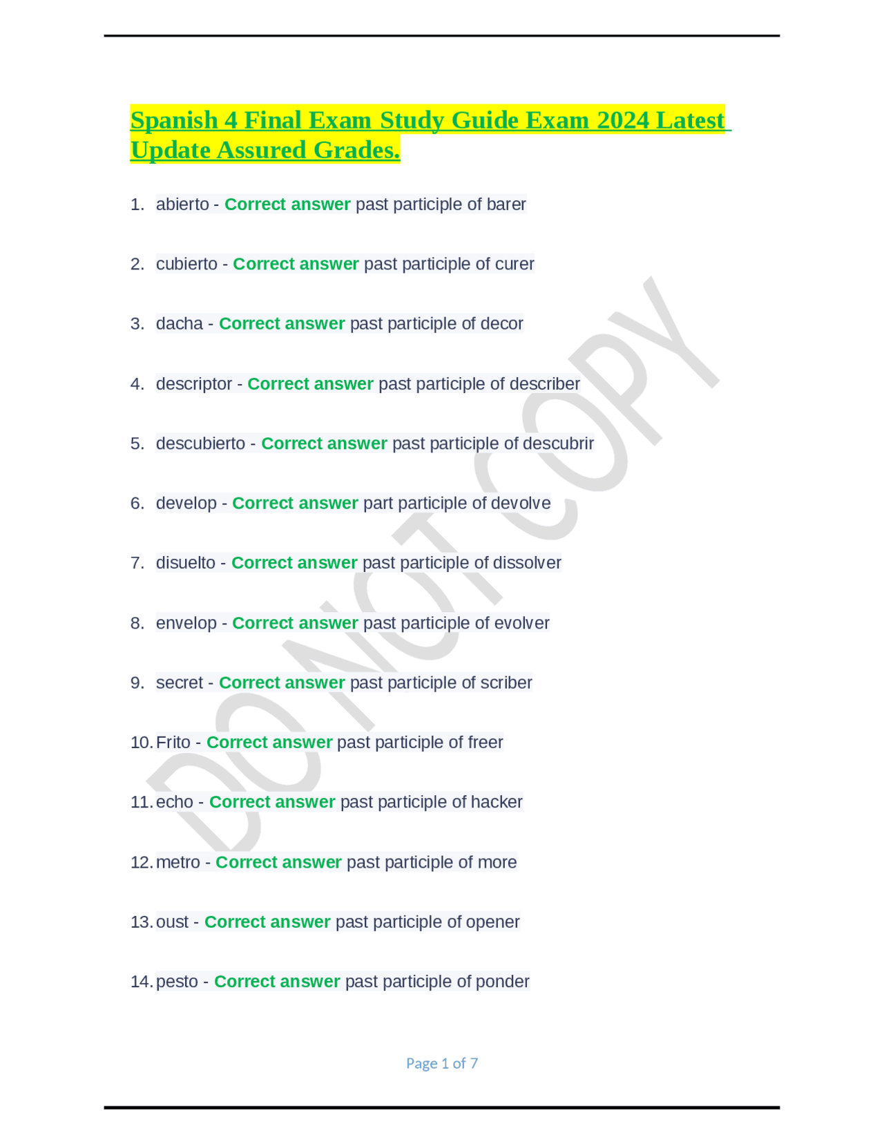 Spanish 4 Final Exam Study Guide Exam 2024 Latest Update Assured Grades ...
