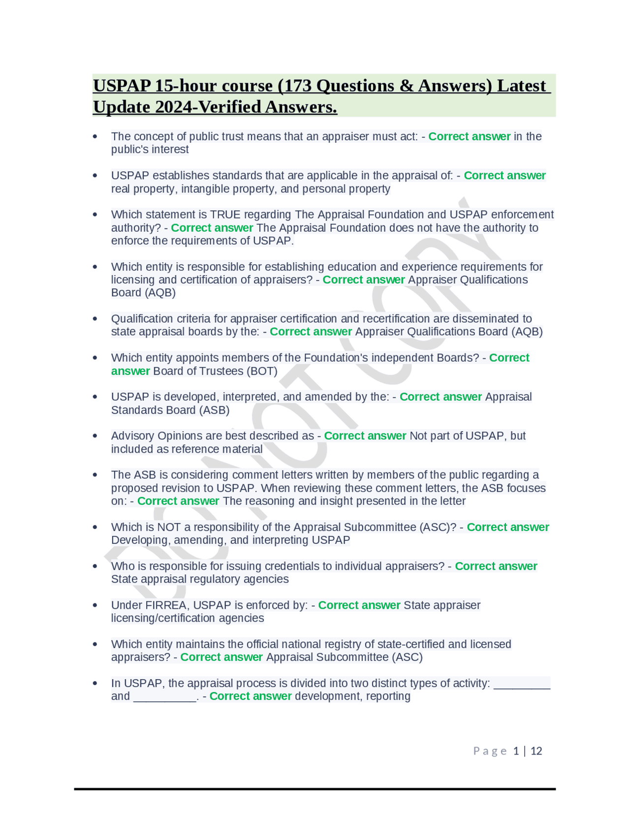 USPAP 15-hour course (173 Questions & Answers) Latest Update 2024 ...