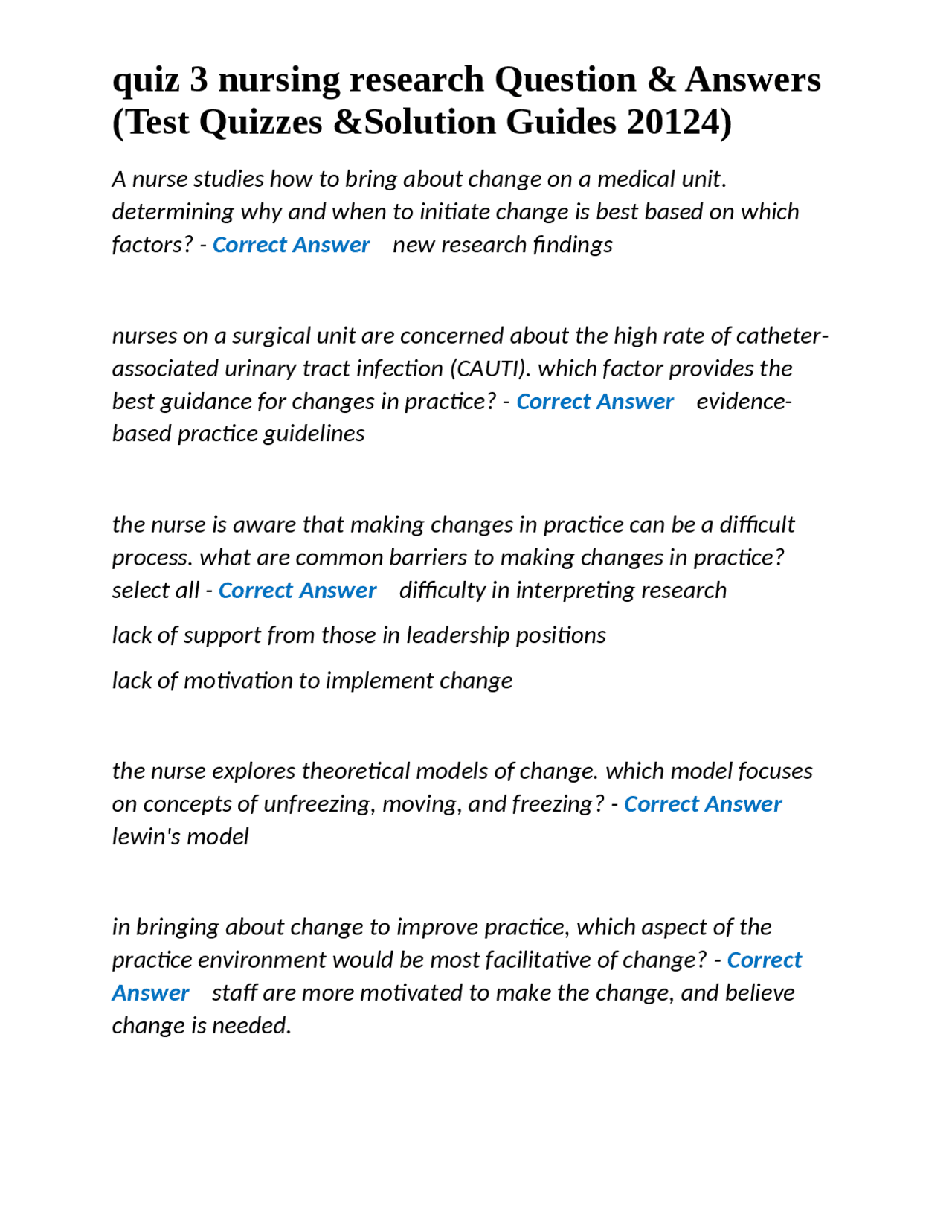 Quiz 3 Nursing Research Question & Answers | Exams Nursing | Docsity