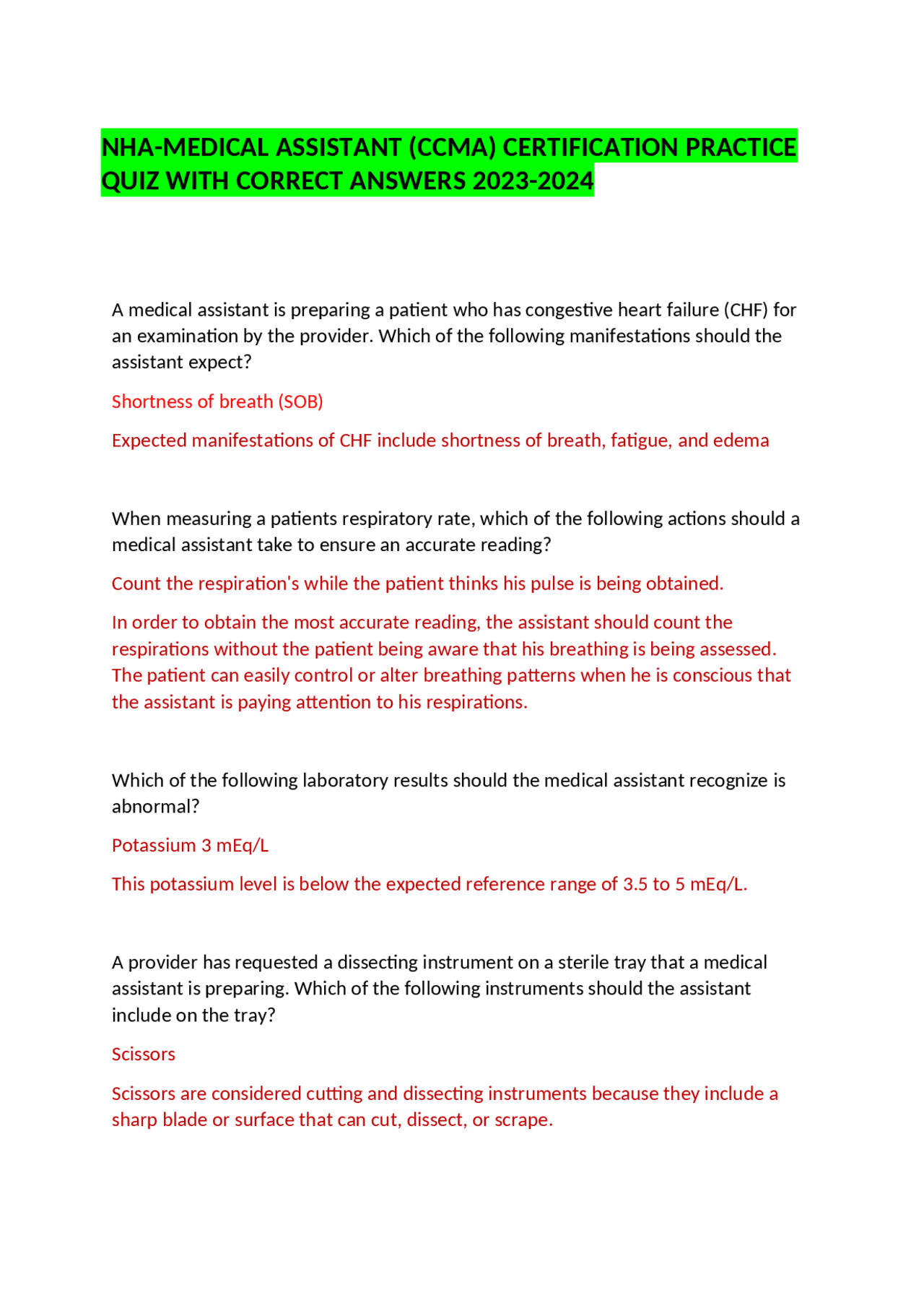 NHA-Medical Assistant (CCMA) Certification Practice Quiz with Correct ...