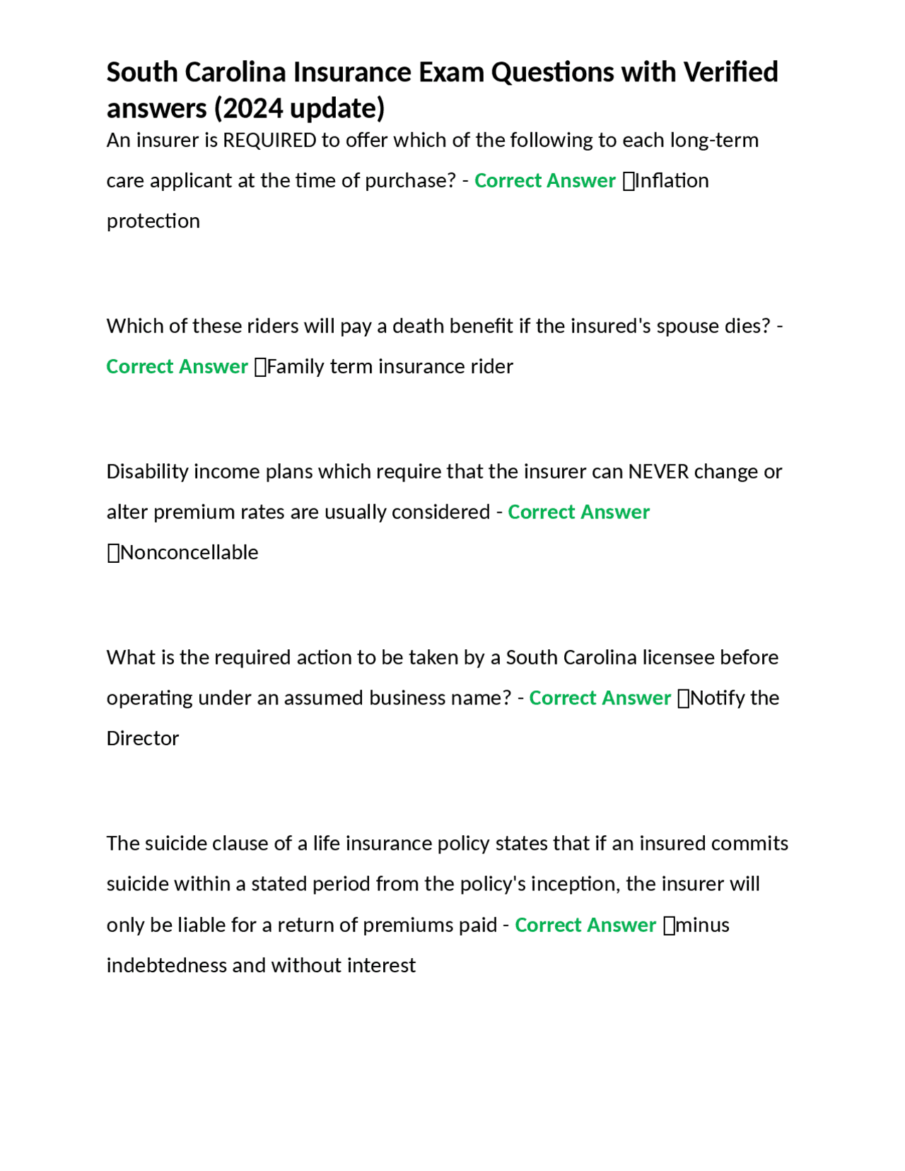 South Carolina Insurance Exam Questions with Verified Answers | Exams ...