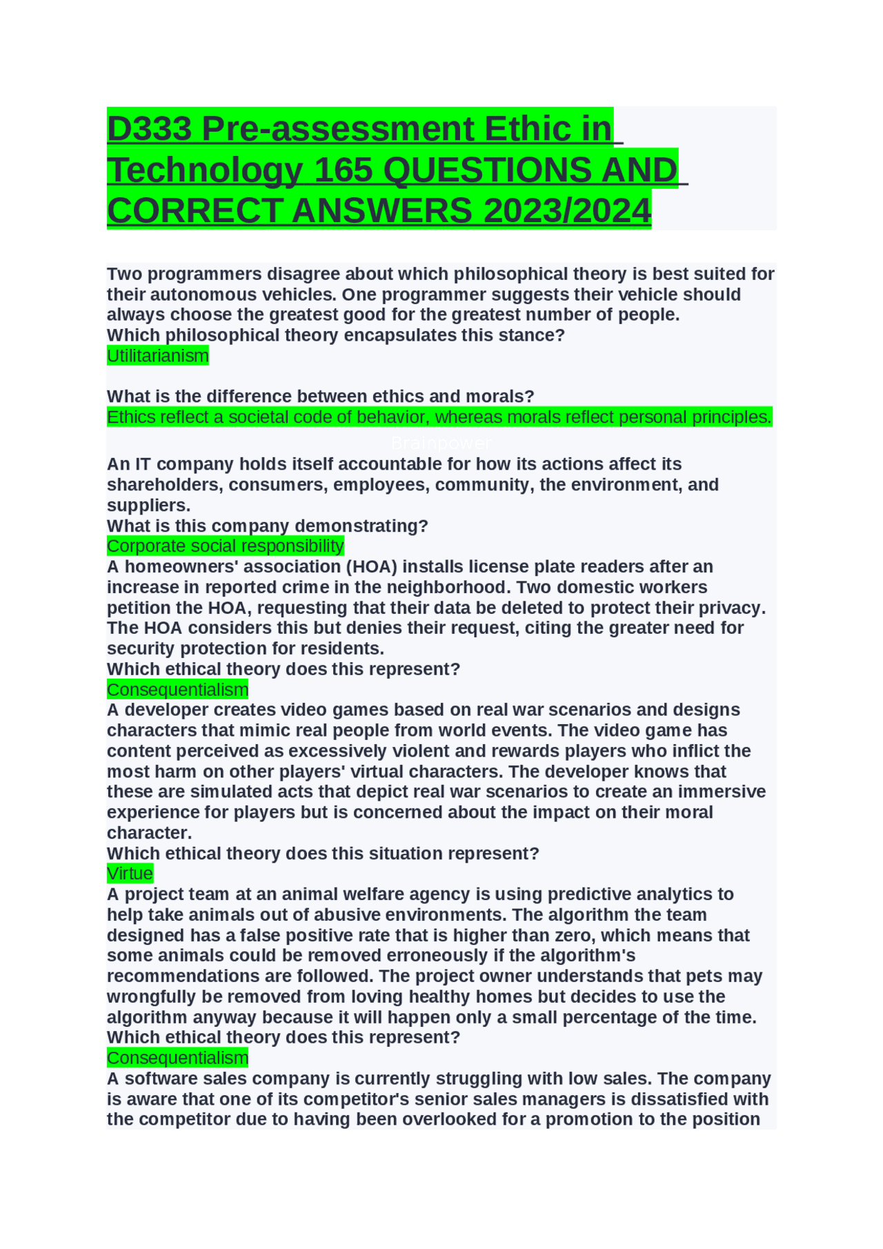 d333 pre assessment ethic in technology 165 questio | Exams Information ...