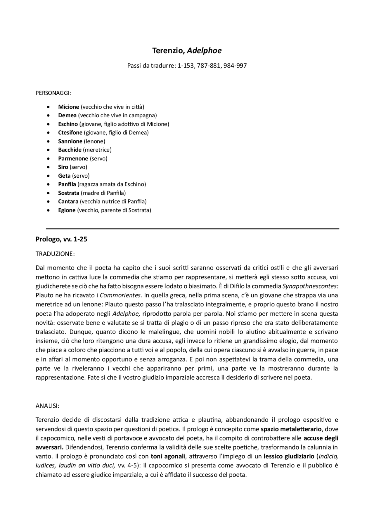 Adelphoe di Terenzio: traduzione e analisi | Sintesi del corso di ...