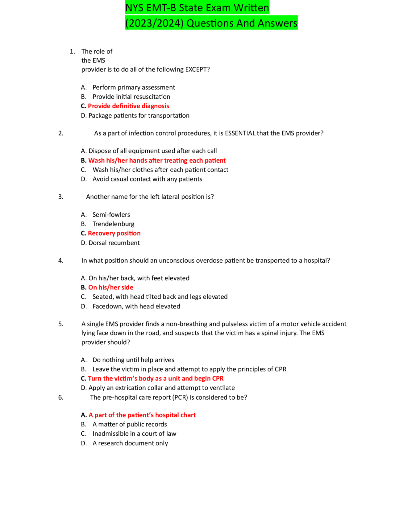 NYS EMT-B State Exam Written (2023 – 2024) | Exams Law | Docsity