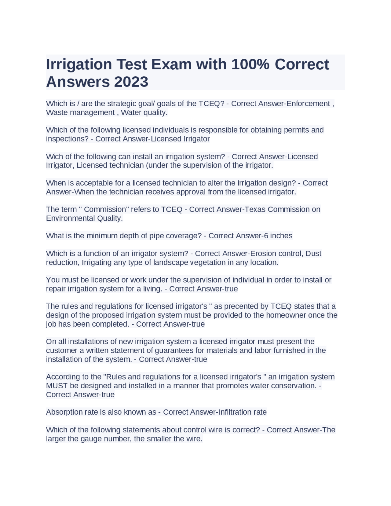 Irrigation Test Exam with 100% Correct Answers 2023 | Exams Advanced ...