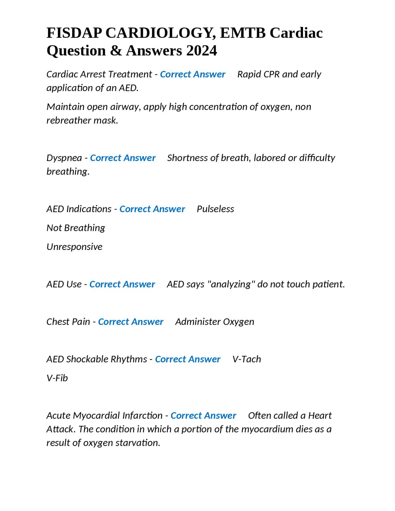 FISDAP CARDIOLOGY, EMTB Cardiac Question & Answers 2024 | Exams Nursing | Docsity