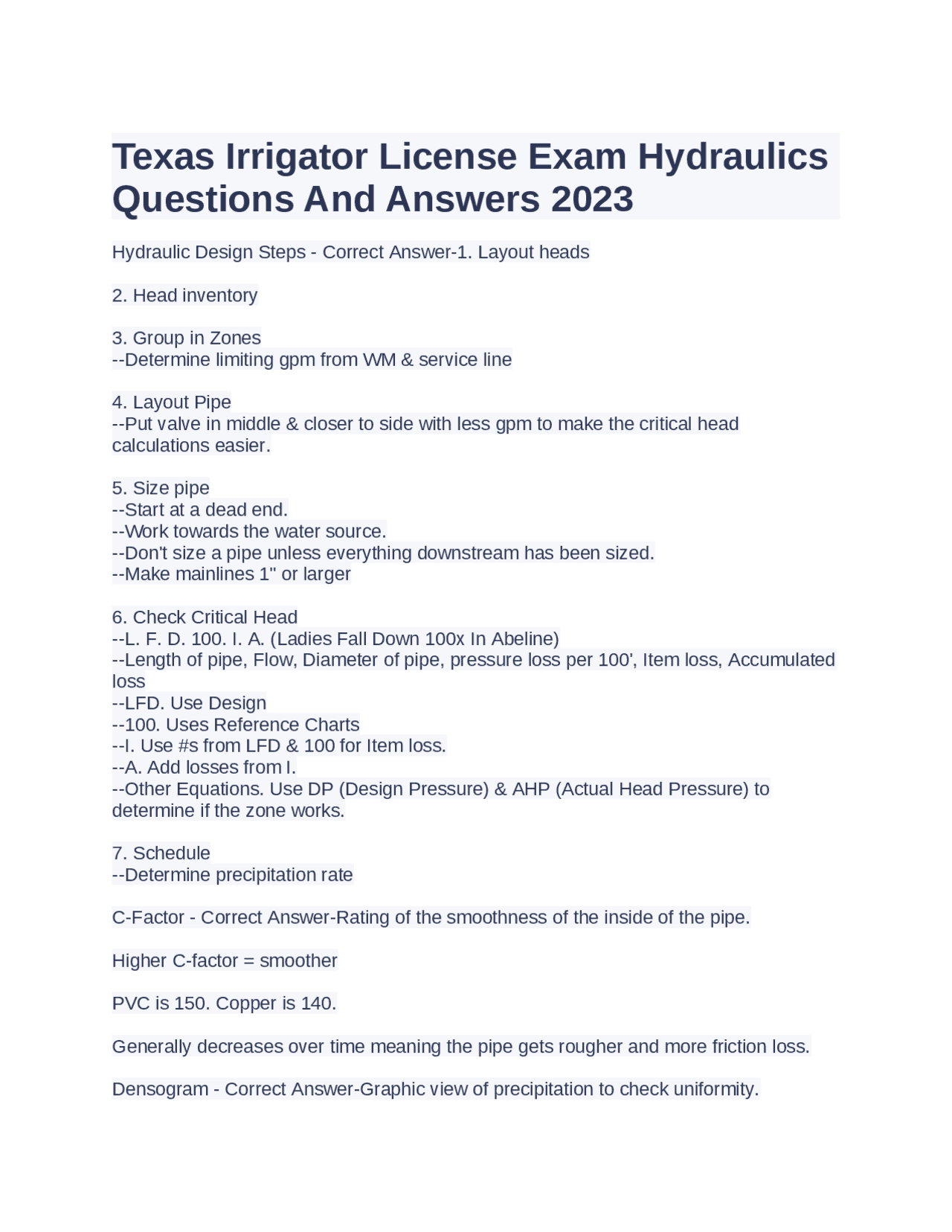 Texas Irrigator License Exam Hydraulics Questions And Answers 2023 ...
