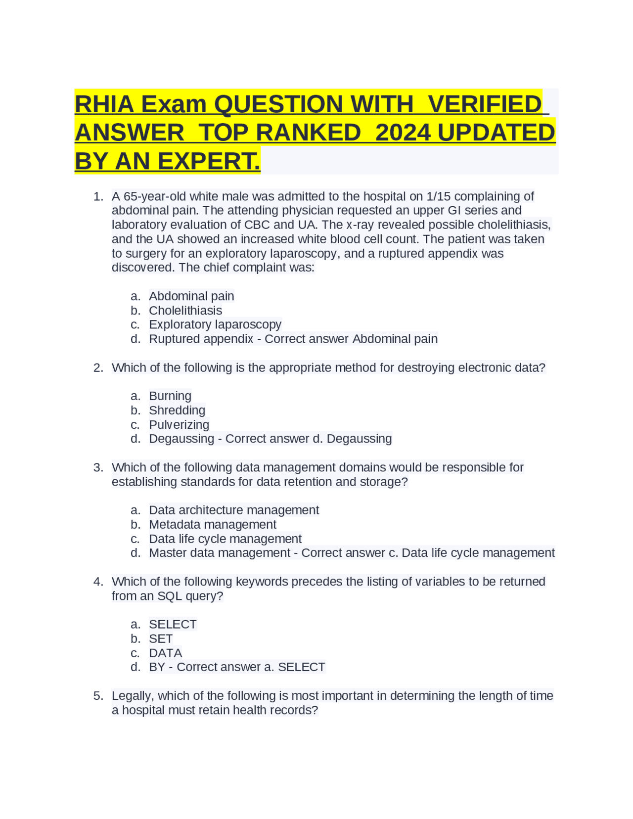 RHIA Exam Questions and Answers | Exams Nursing | Docsity