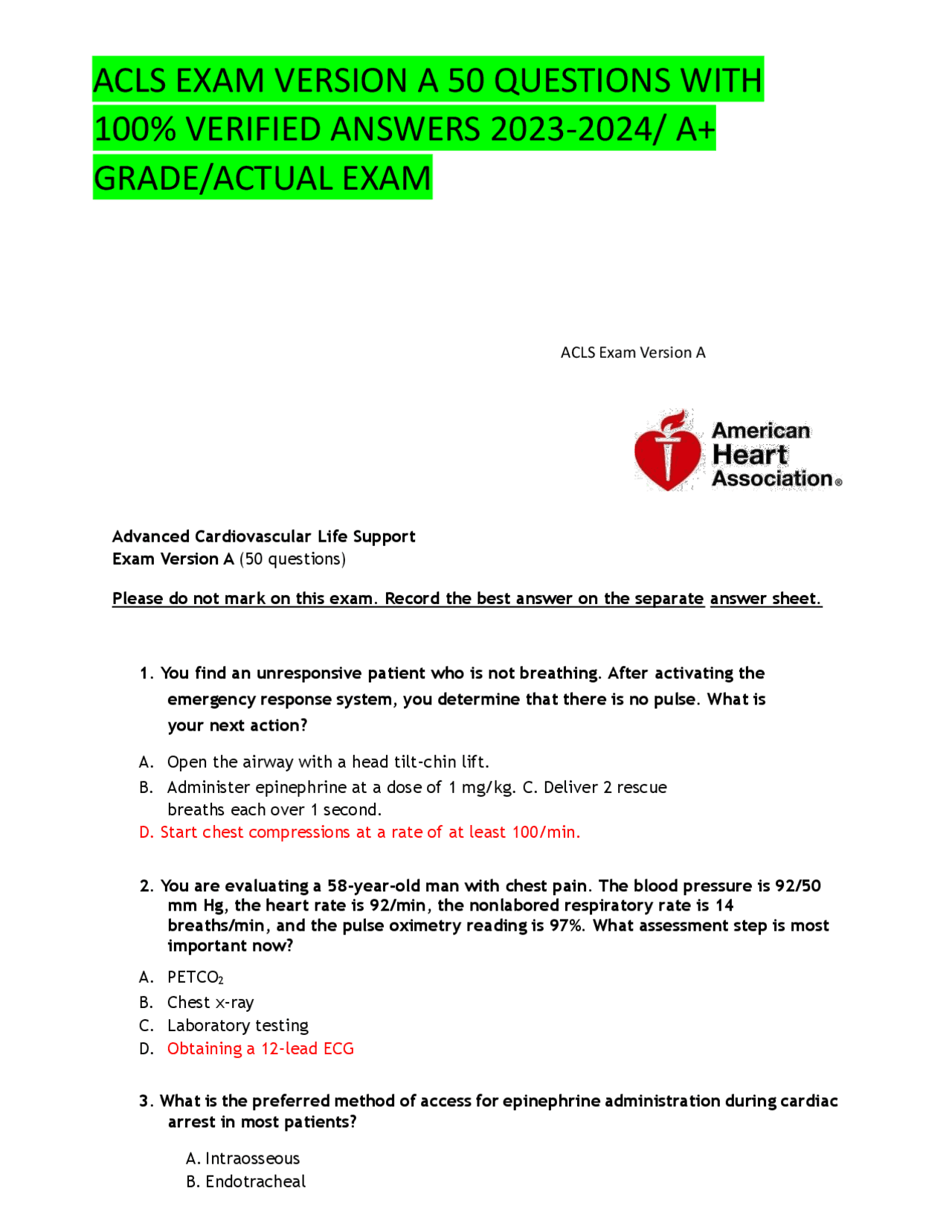 ACLS Exam Version A: 50 Questions with Verified Answers | Exams Nursing ...