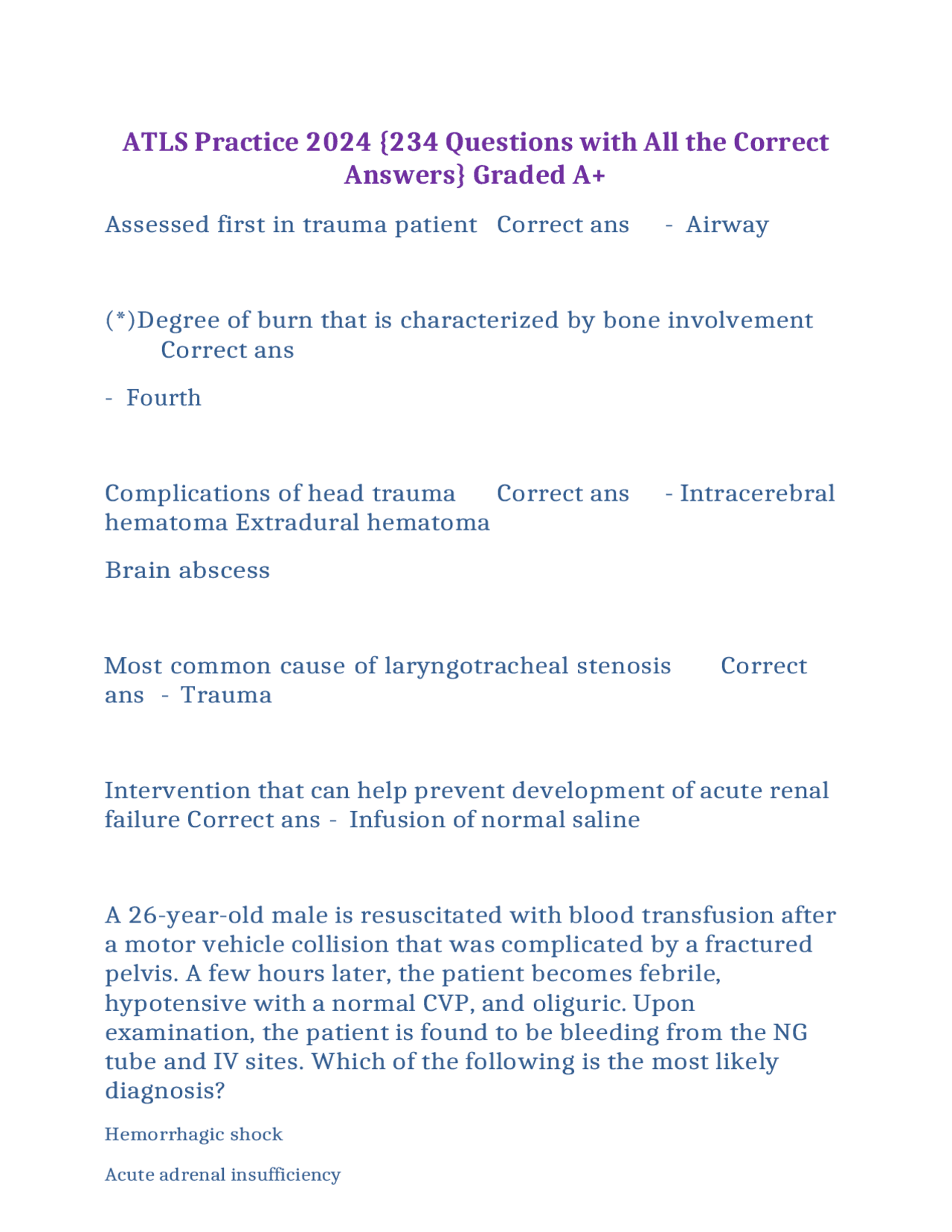 Atls Practice 2024 {234 Questions With All The Correct Answers} Graded
