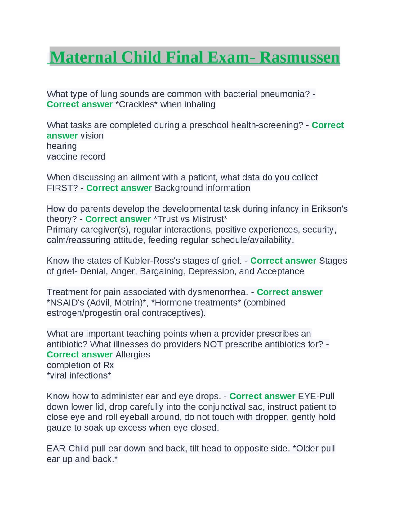 Maternal Child Final Exam Review | Exams Pediatrics | Docsity