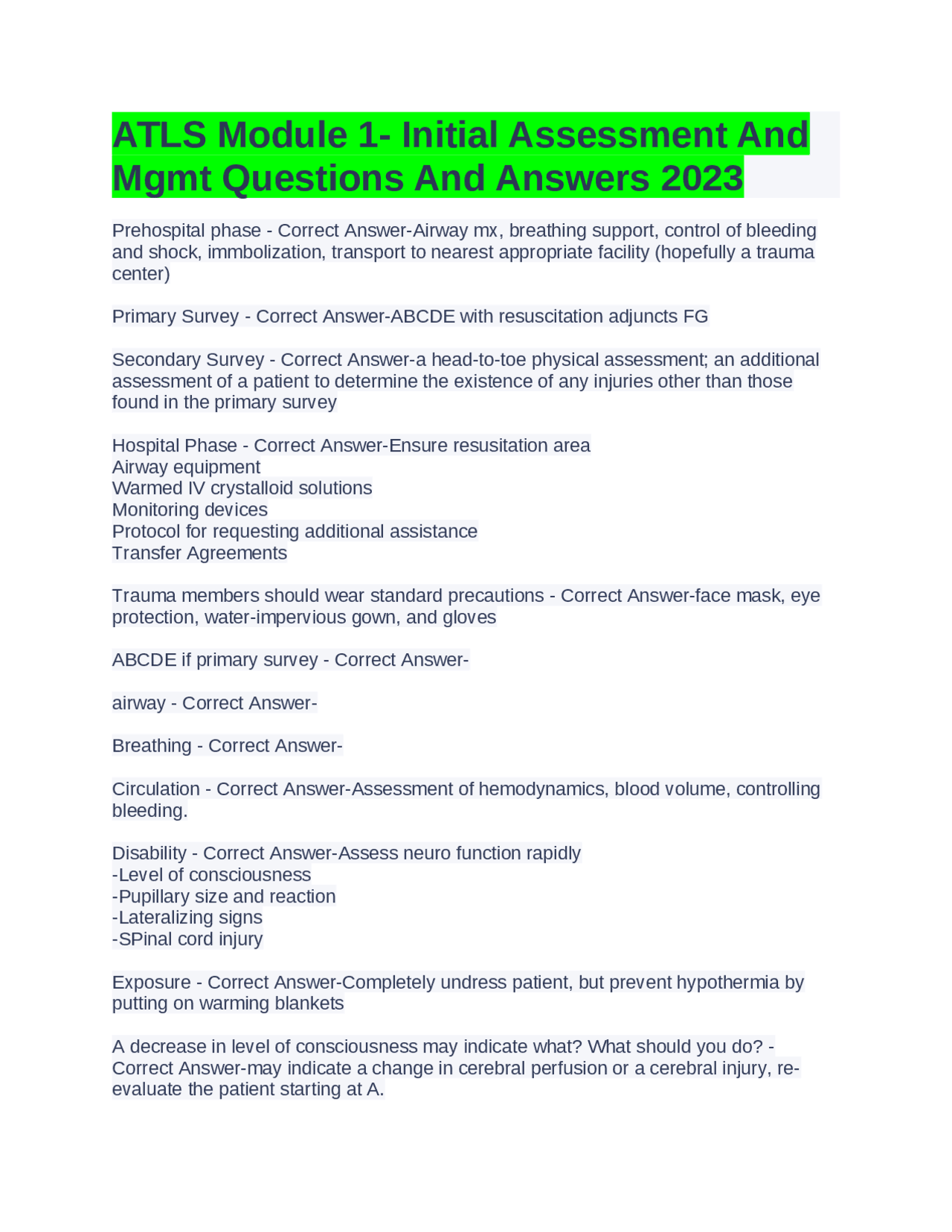 ATLS Module 1- Initial Assessment And Mgmt Questions And Answers 2023 ...