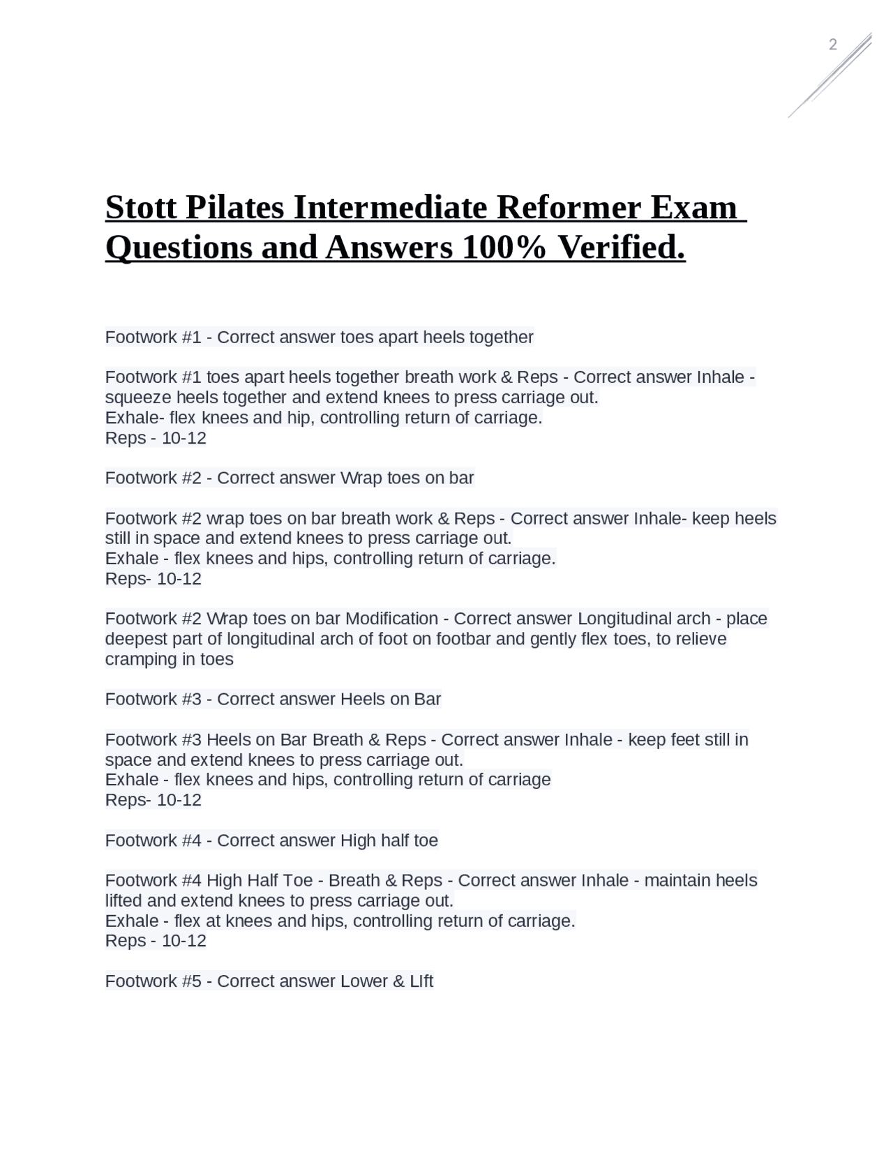 Stott Pilates Intermediate Reformer Exam Questions and Answers 100% ...