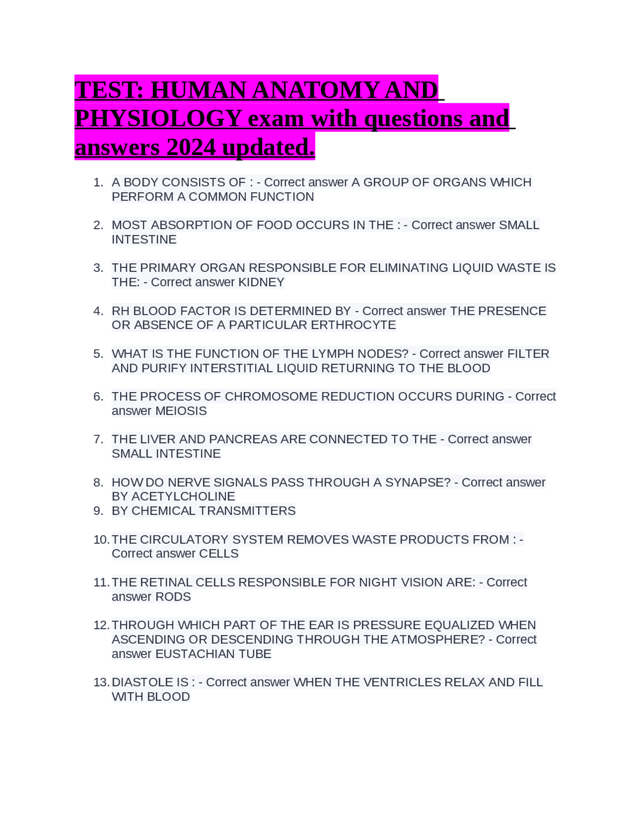 Human Anatomy and Physiology Exam Questions and Answers | Exams Biology ...