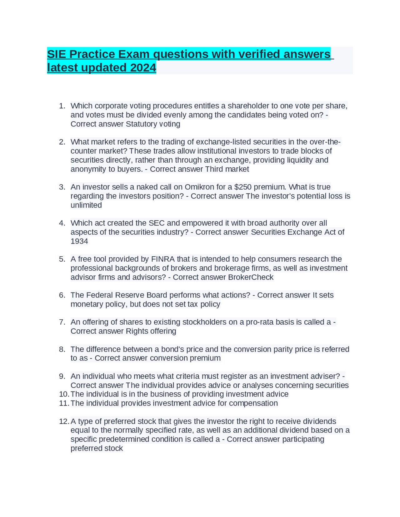 SIE Practice Exam questions with verified answers latest updated 2024 ...