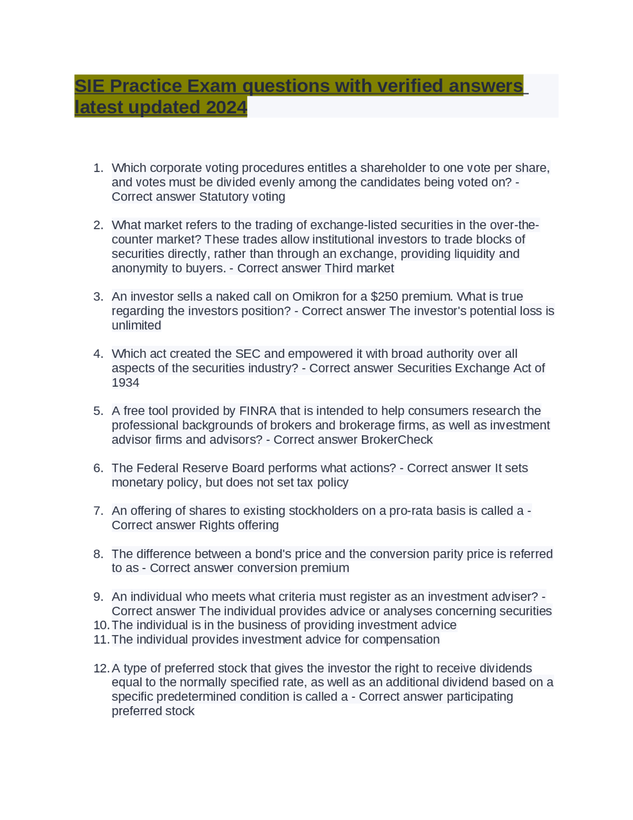 SIE Practice Exam questions with verified answers latest updated 2024 ...