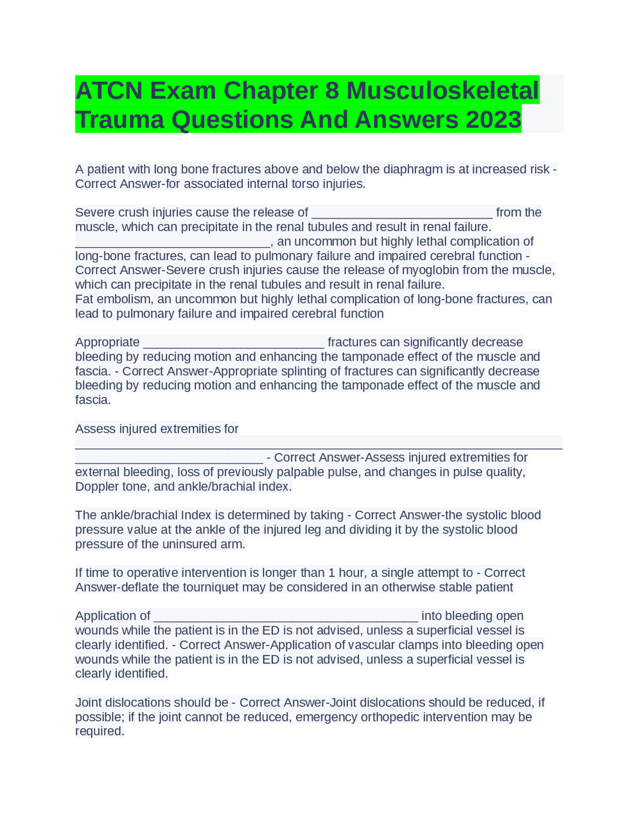 ATCN Exam Chapter 8 Musculoskeletal Trauma Questions And Answers 2023 ...
