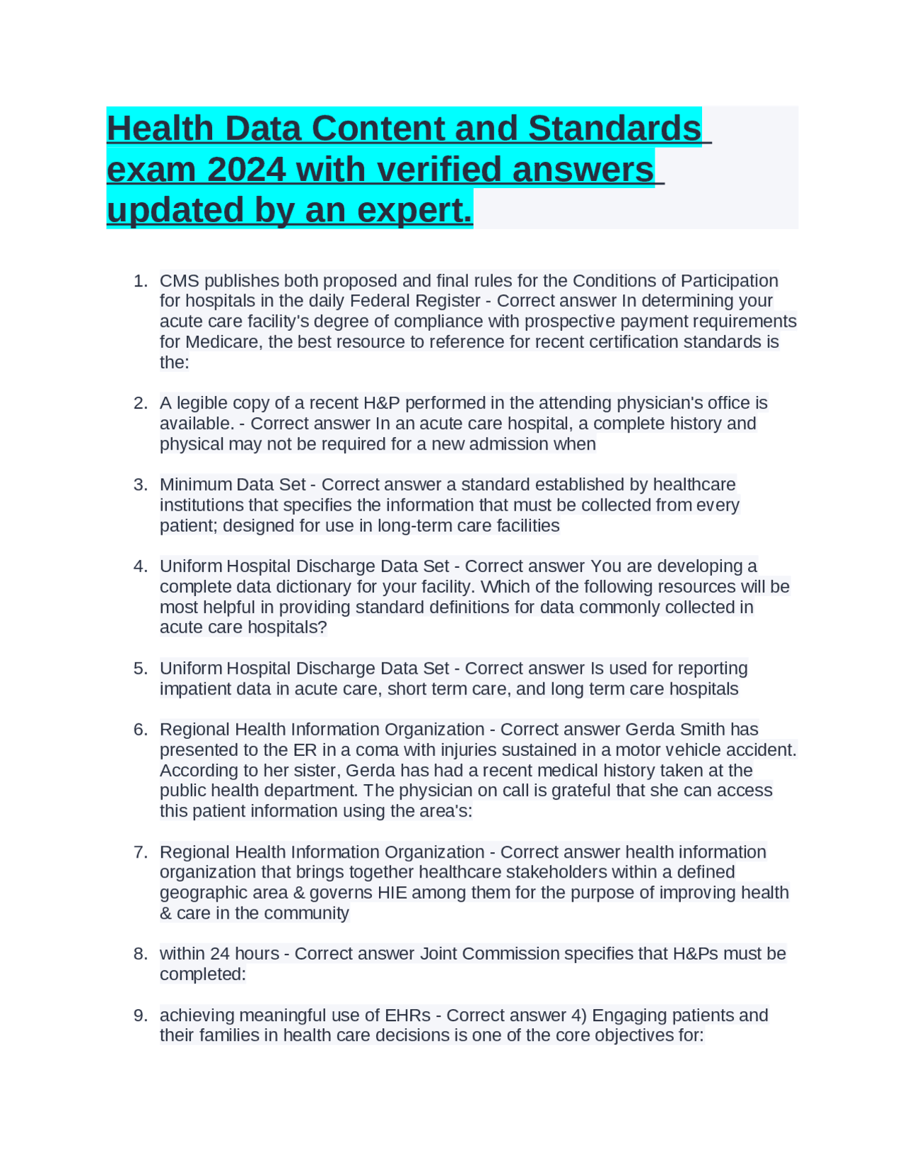 Health Data Content and Standards Exam 2024 | Exams Nursing | Docsity