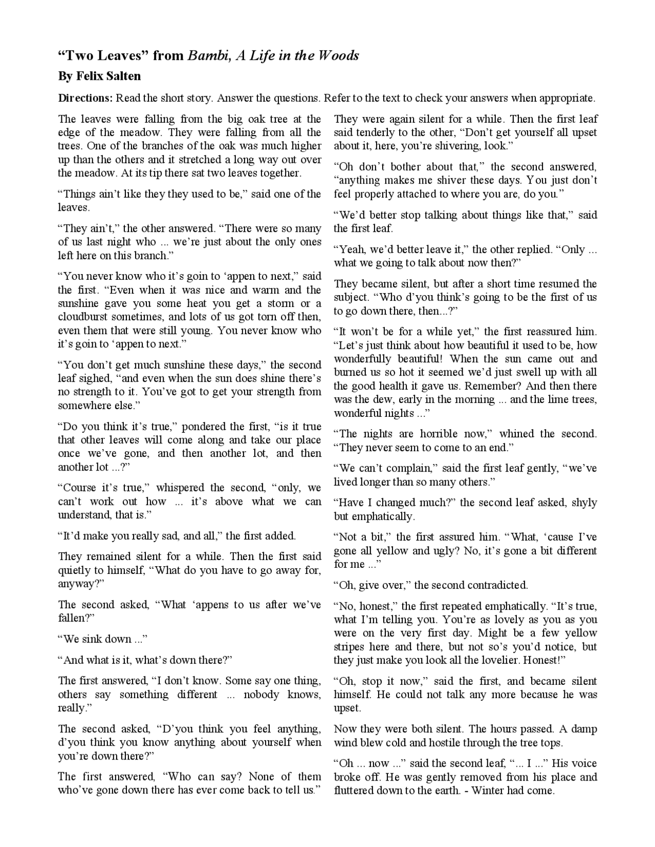 Short Stories Two leaves | Ejercicios de Idioma Inglés | Docsity