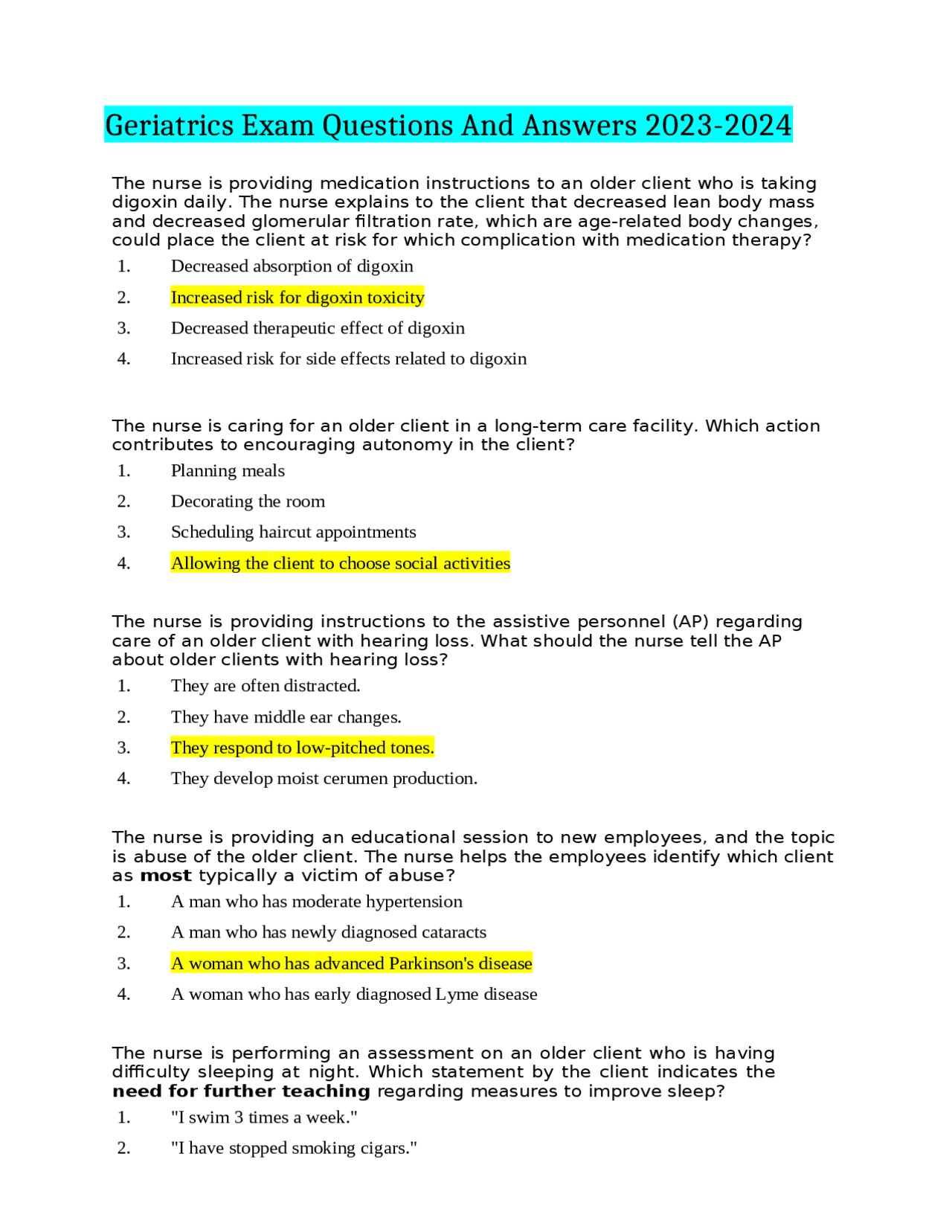 Geriatrics Exam Questions And Answers 2023-2024 | Exams Geriatrics ...