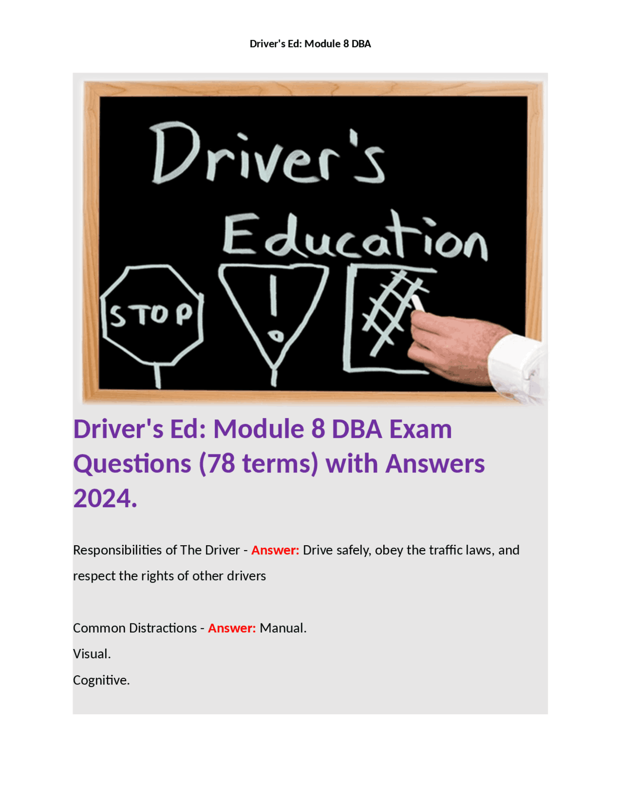 Driver's Ed: Module 8 DBA Exam Questions and Answers | Exams Nursing ...