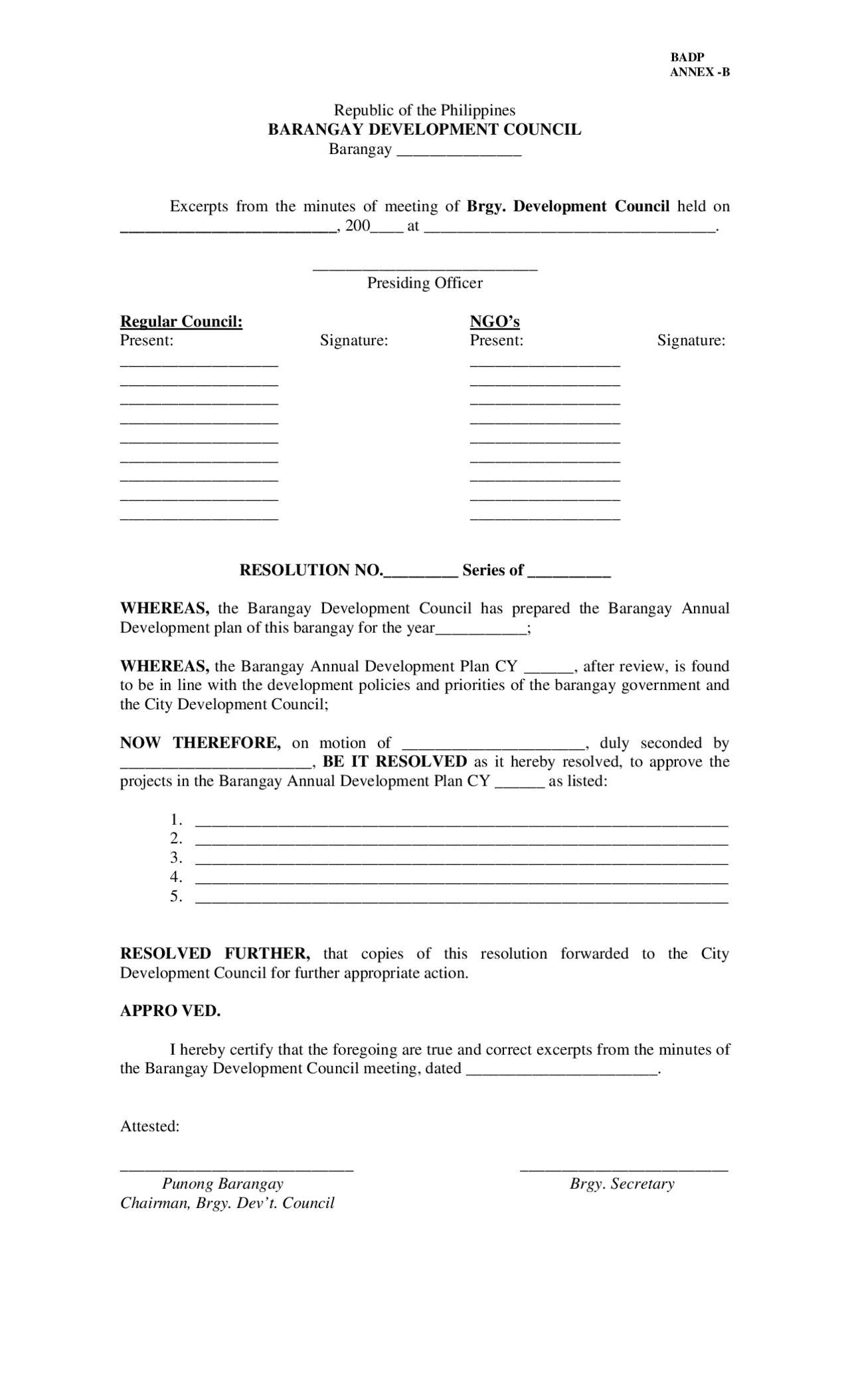 barangay resolution for bdp | Exercises Political studies | Docsity