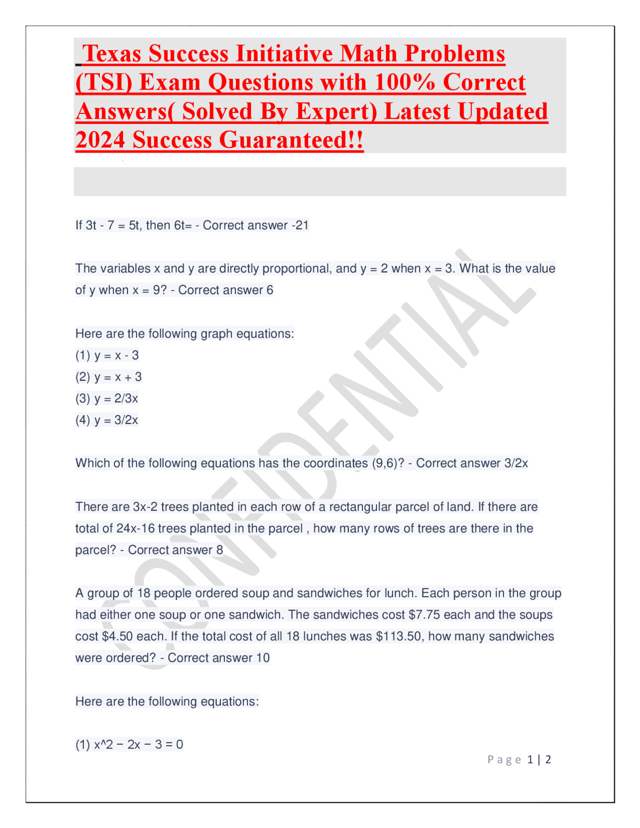 Texas Success Initiative Math Problems (TSI) Exam Questions with 100% ...