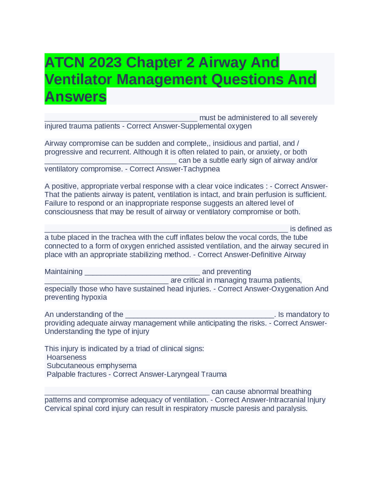 ATCN 2023 Chapter 2 Airway And Ventilator Management Questions And ...