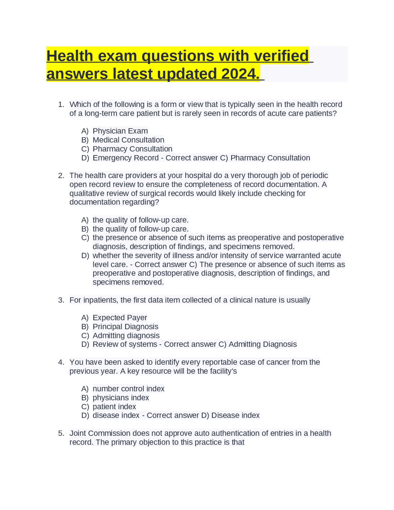 Health exam questions with verified answers latest updated 2024 ...