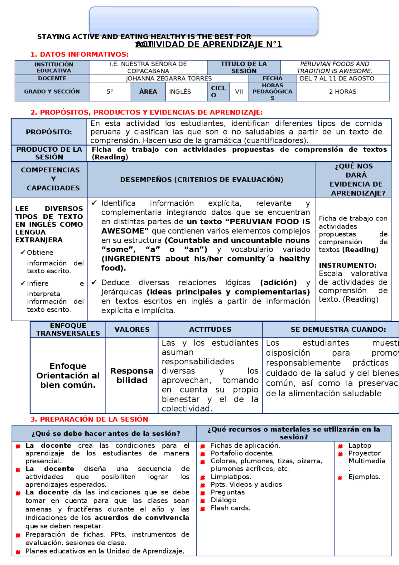 Modelo de Sesión de Aprendizaje | Exámenes de Idioma Inglés | Docsity